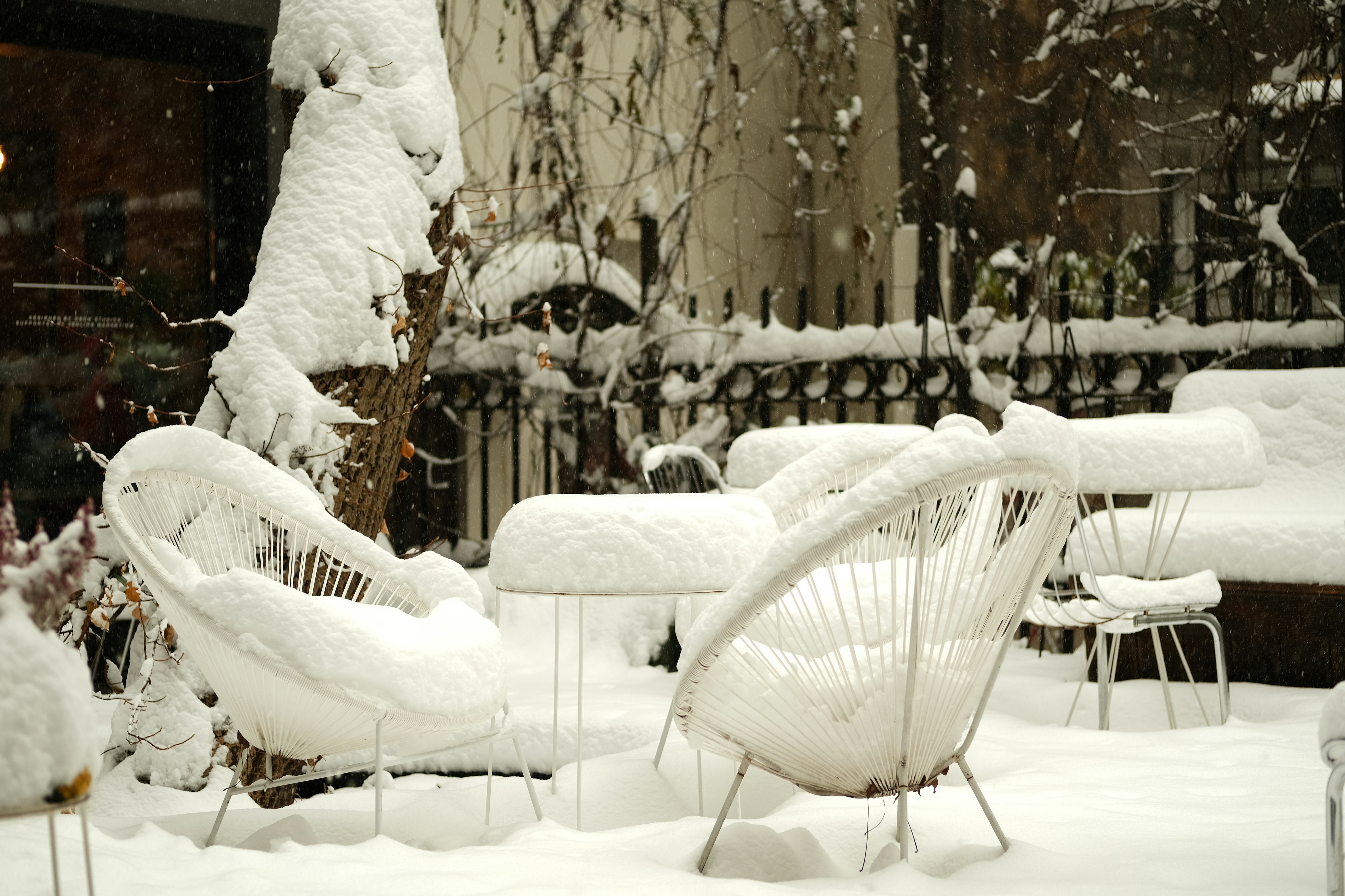 Winter Silence on White Wicker: Snow-Laden Courtyard