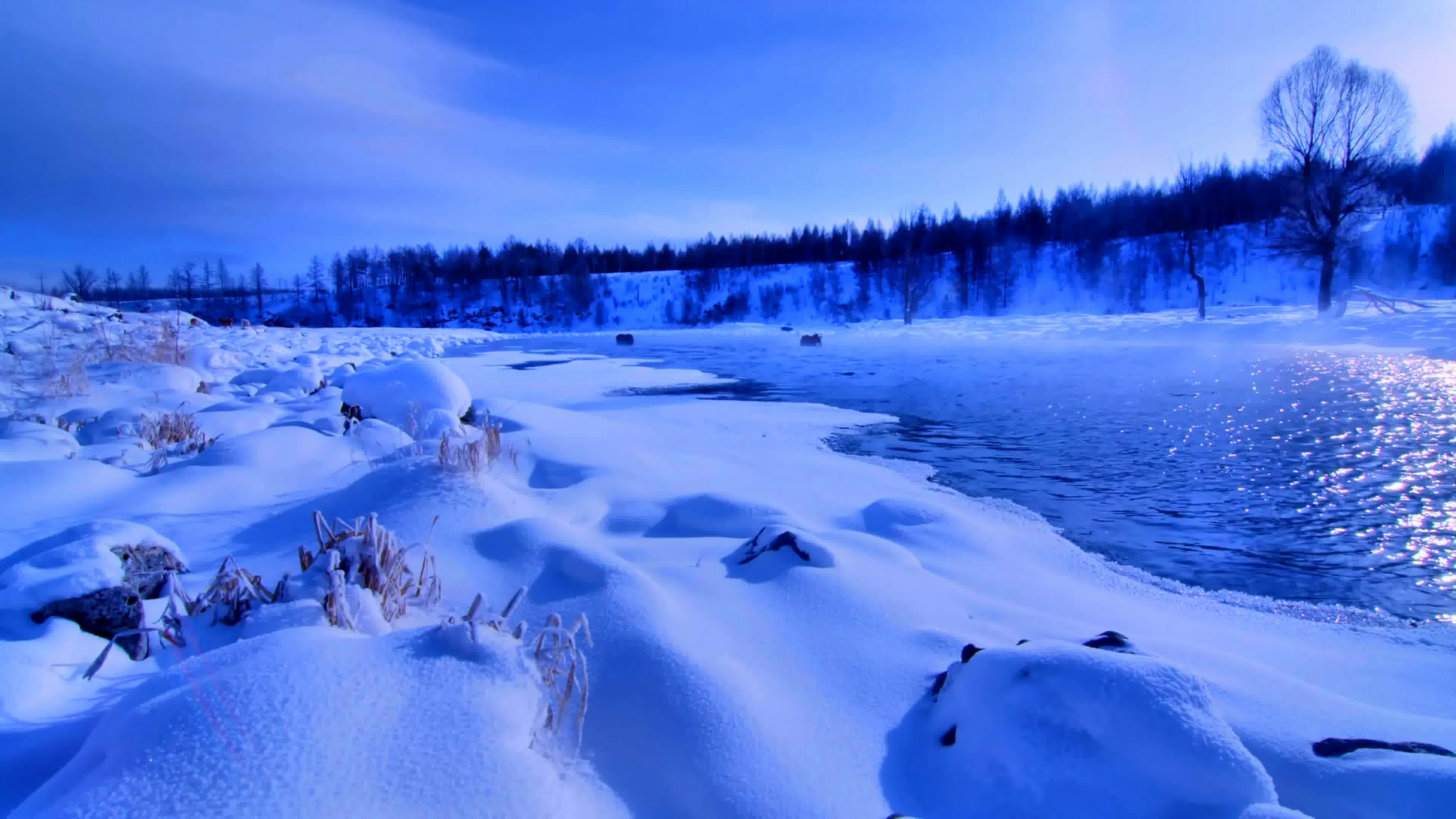 A frozen lake surrounded by snow covered ground photo – Free Landscape ...