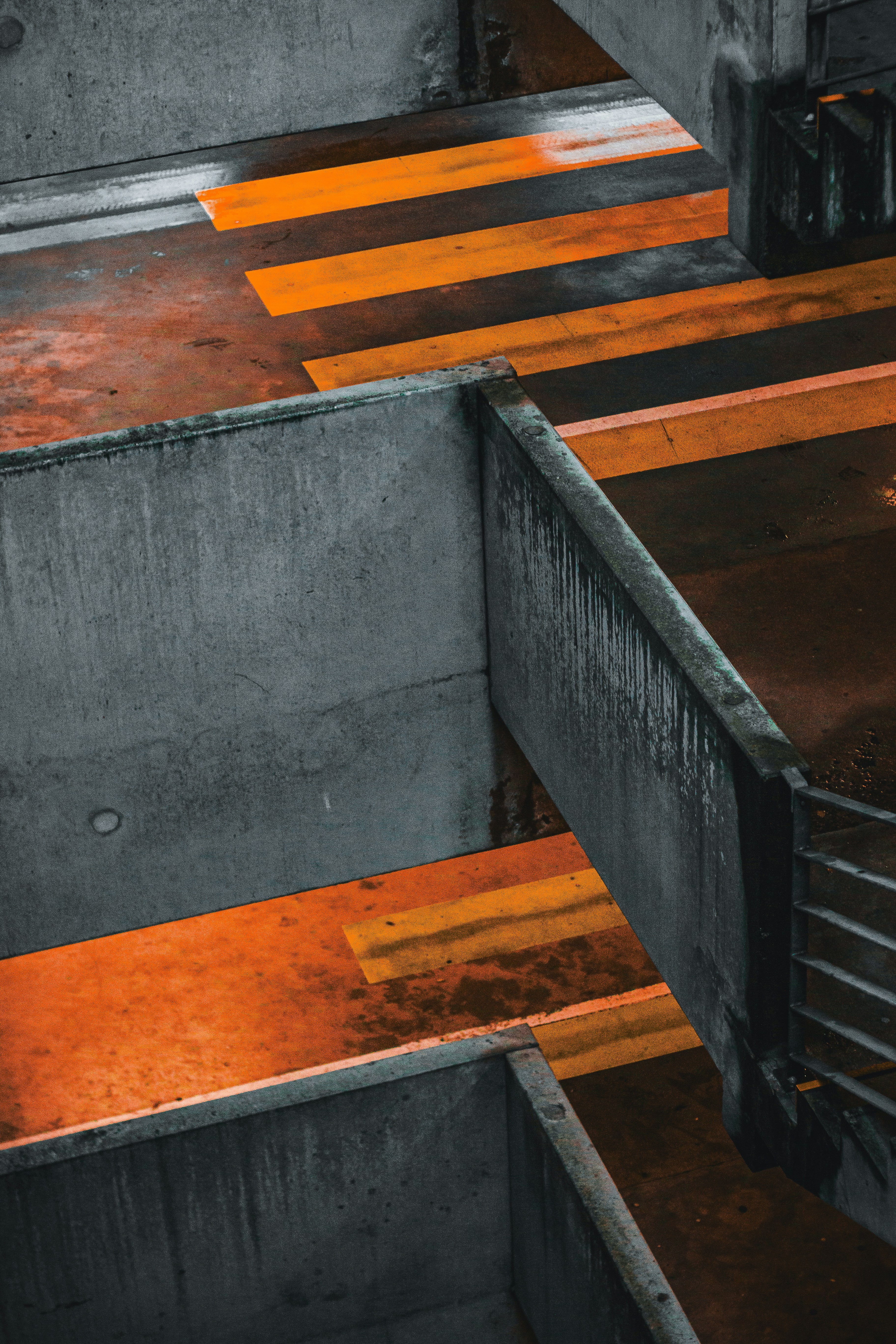A view of a parking lot, with yellow details.
