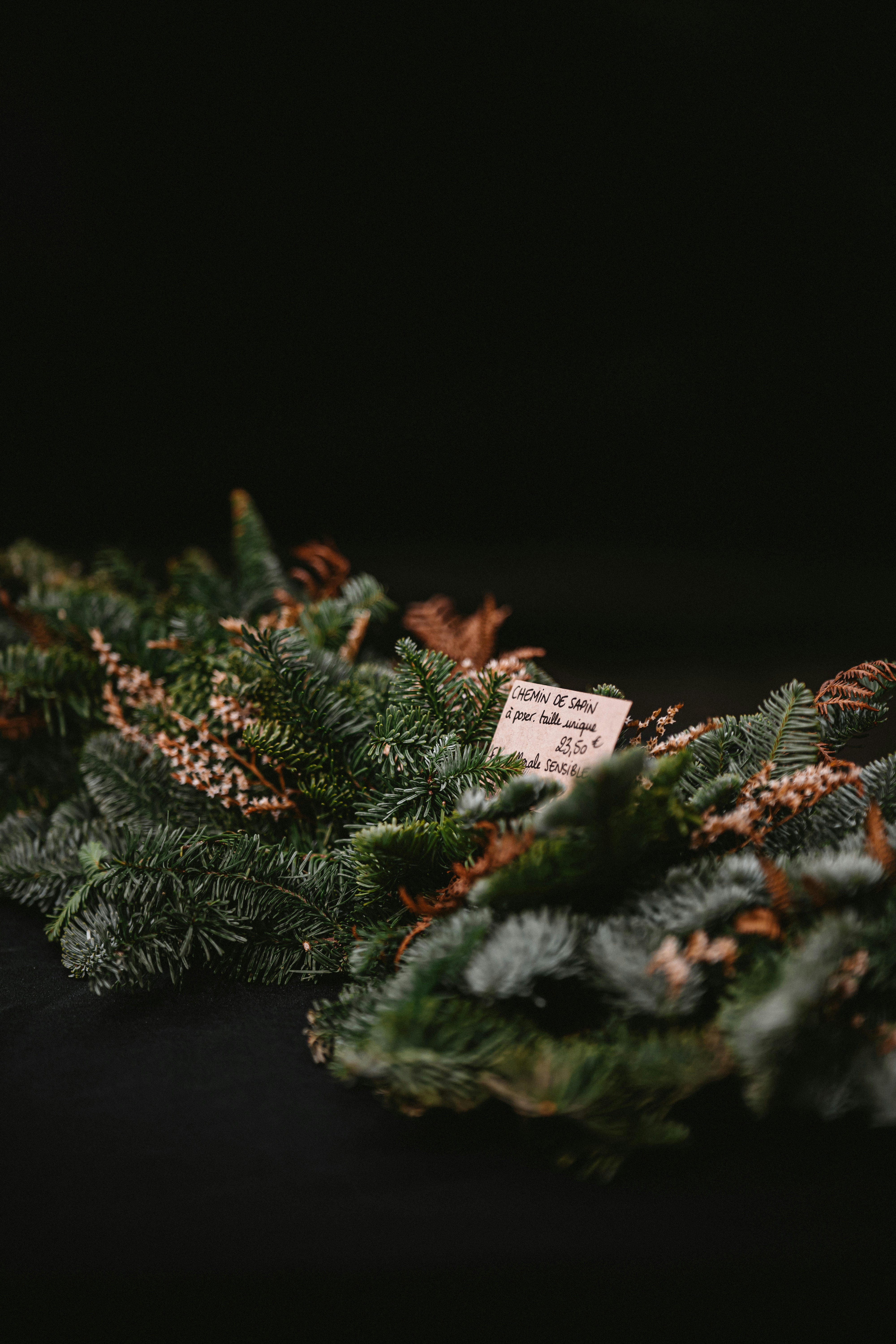 Whispering Green: Close-Up of Pine Garland and a Handwritten Tag