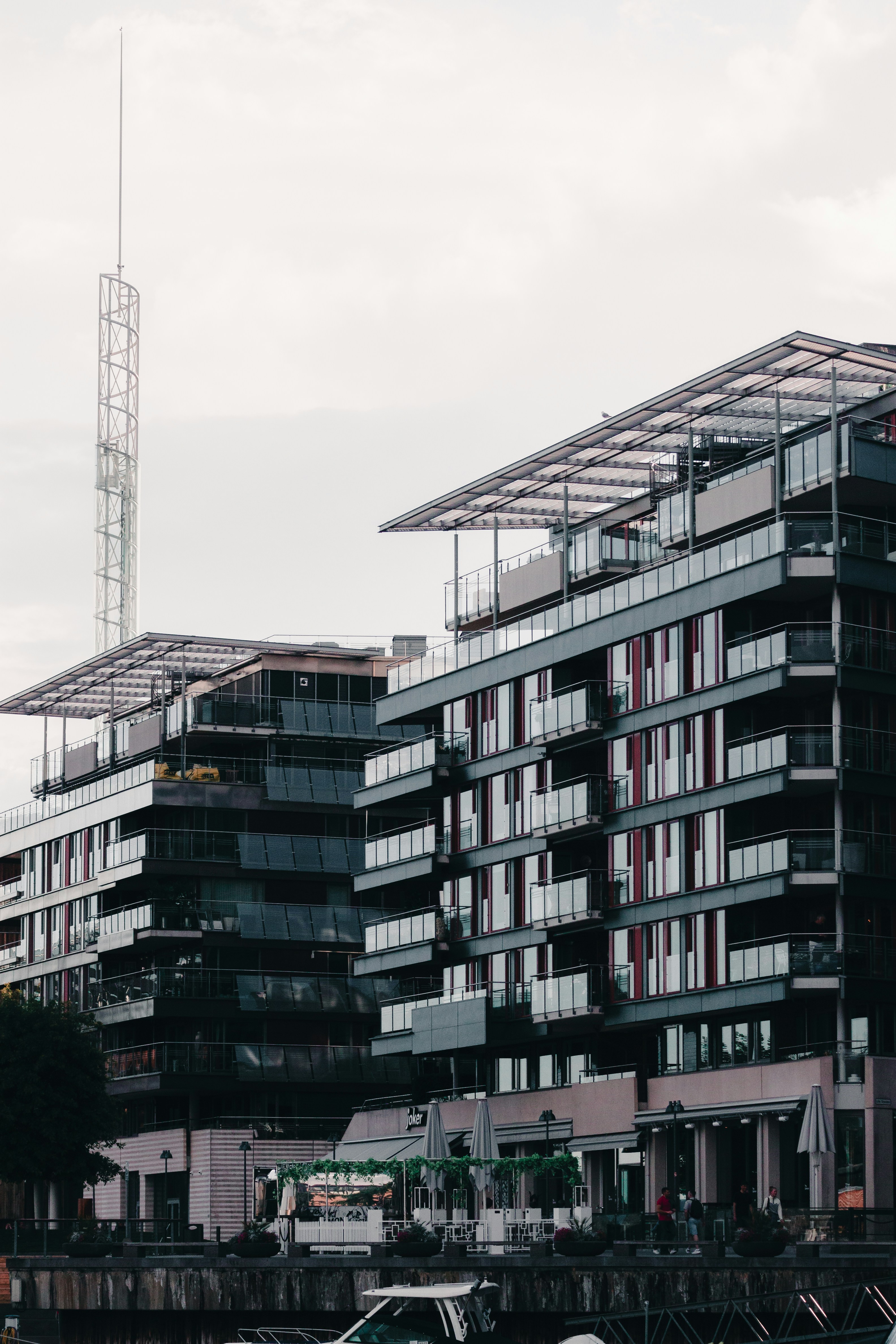 Modern apartment buildings by the pier-front.