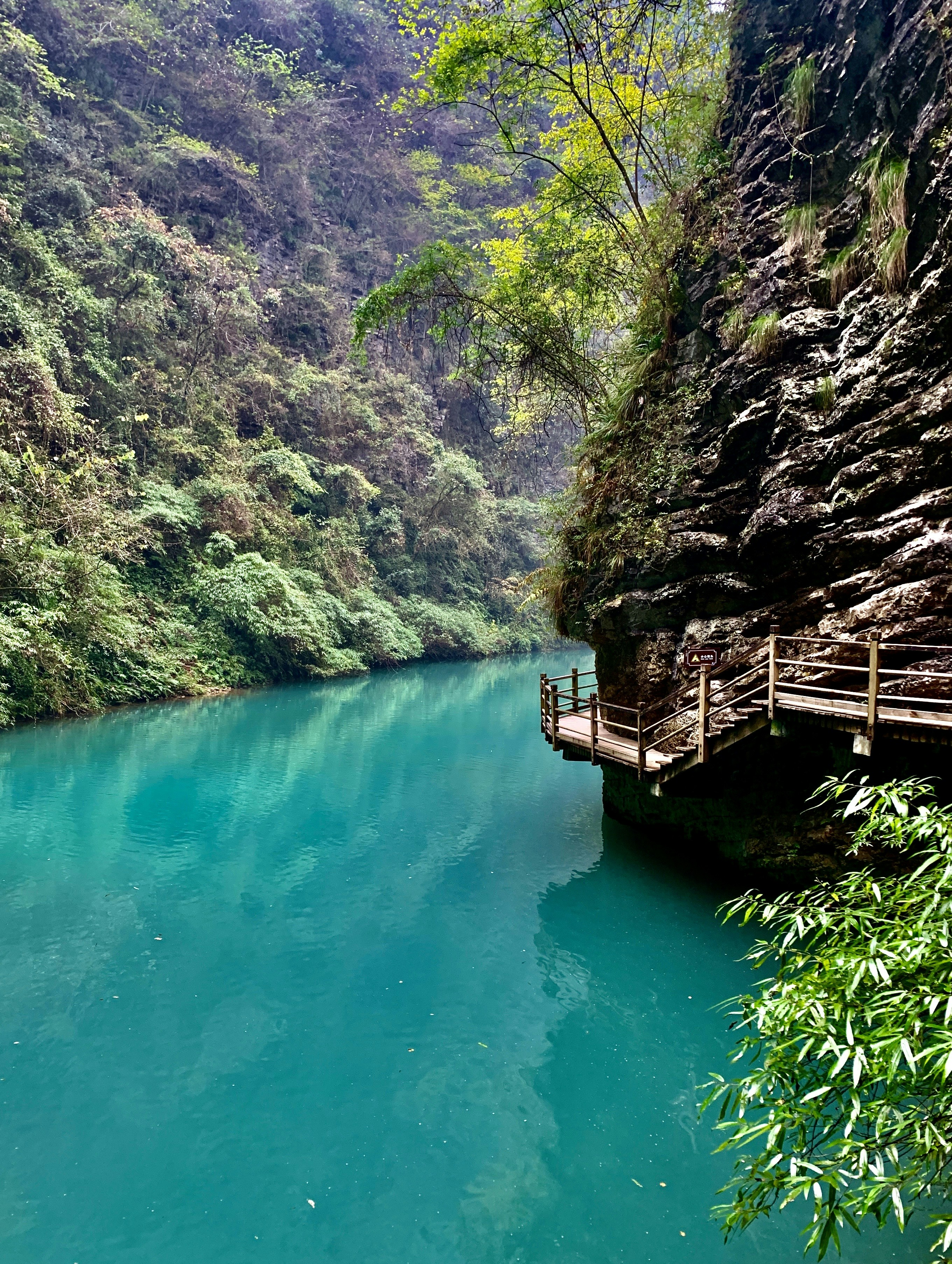 Serene turquoise river winding through lush, steep cliffs with a wooden observation deck nearby.