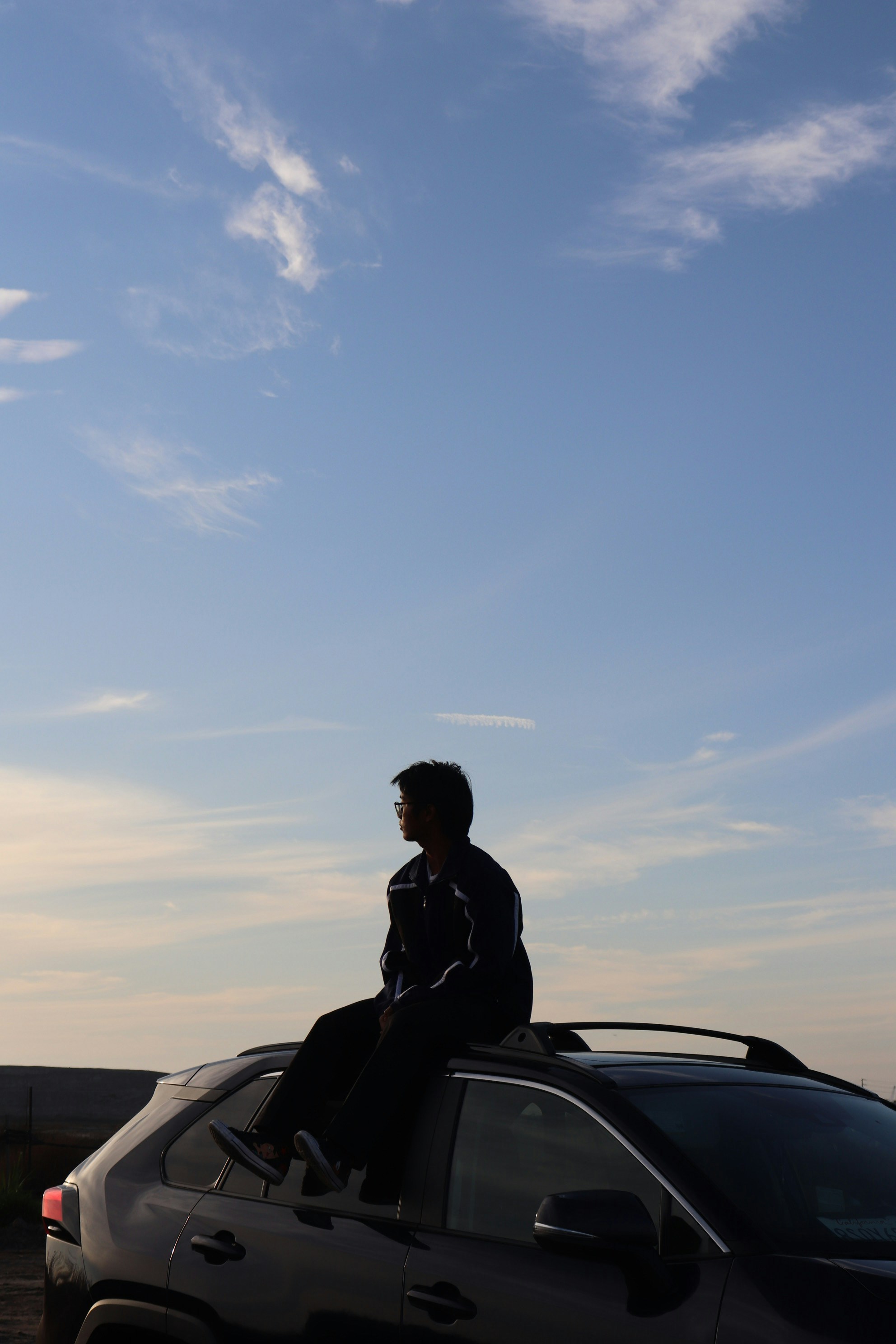 Silhouette on the Car Roof at Dusk