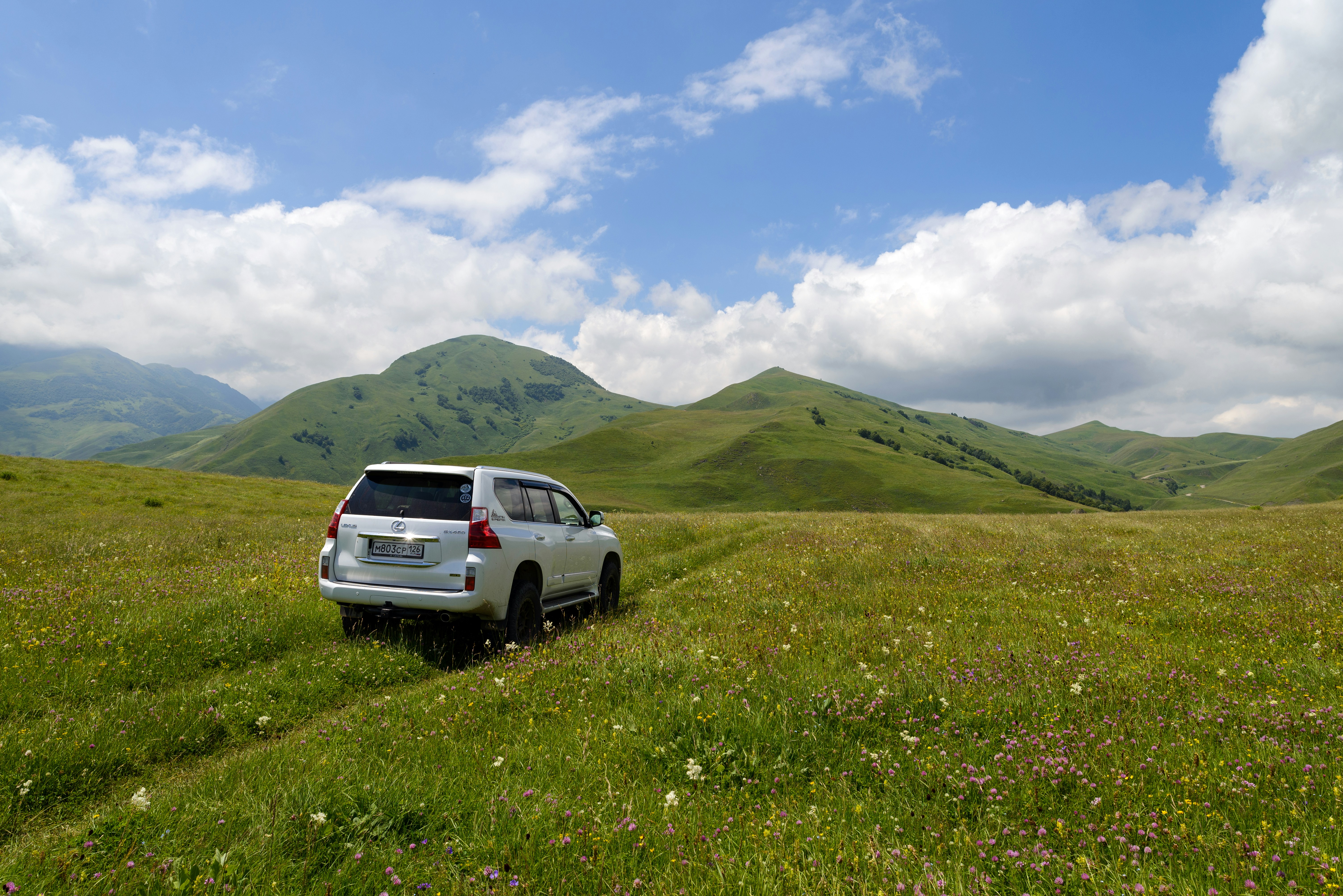 White SUV on a Rolling Alpine Meadow Beneath a Cloud-Washed Sky