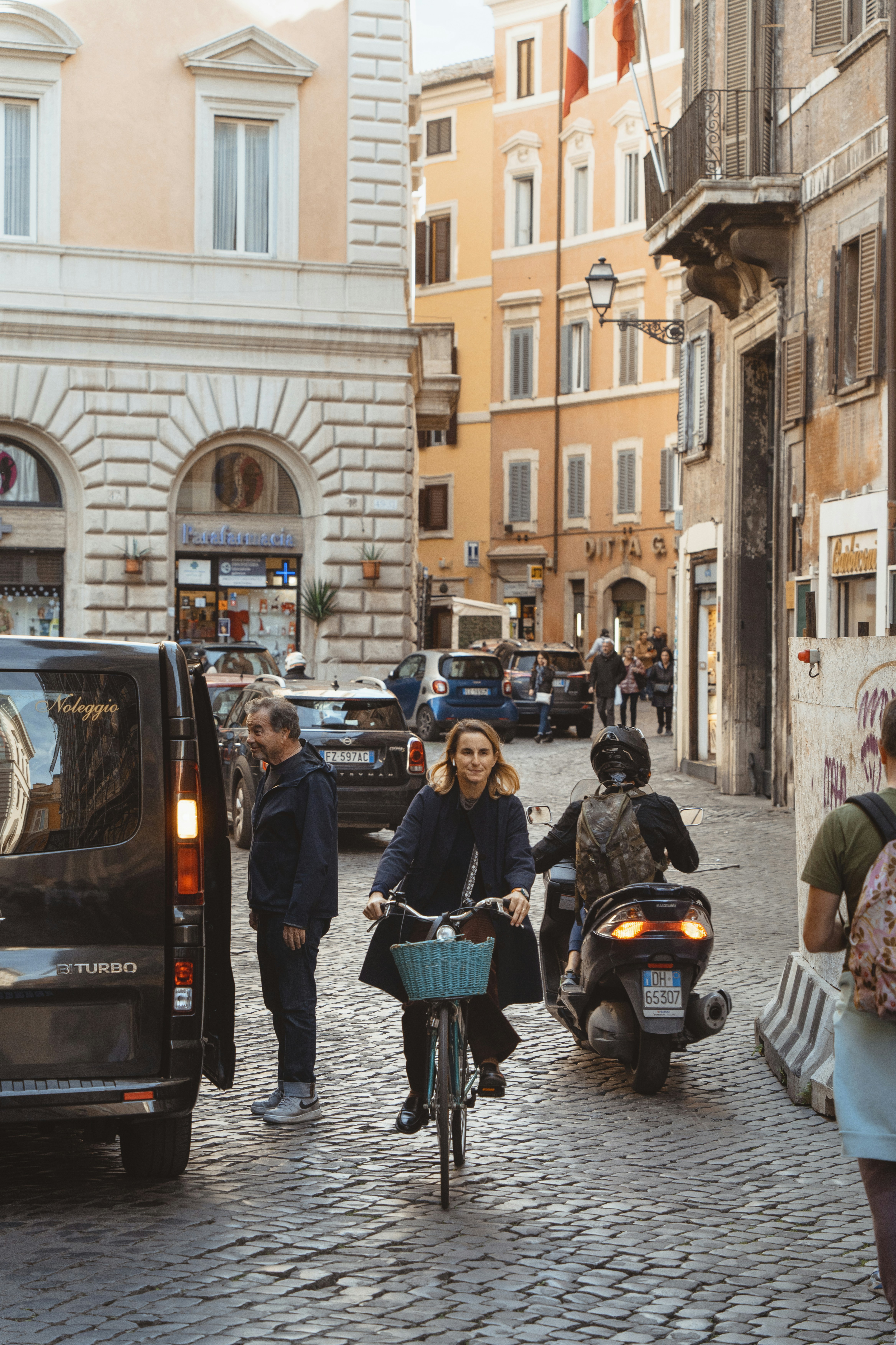 Basket Ride Through a Sunlit European Cobbled Street