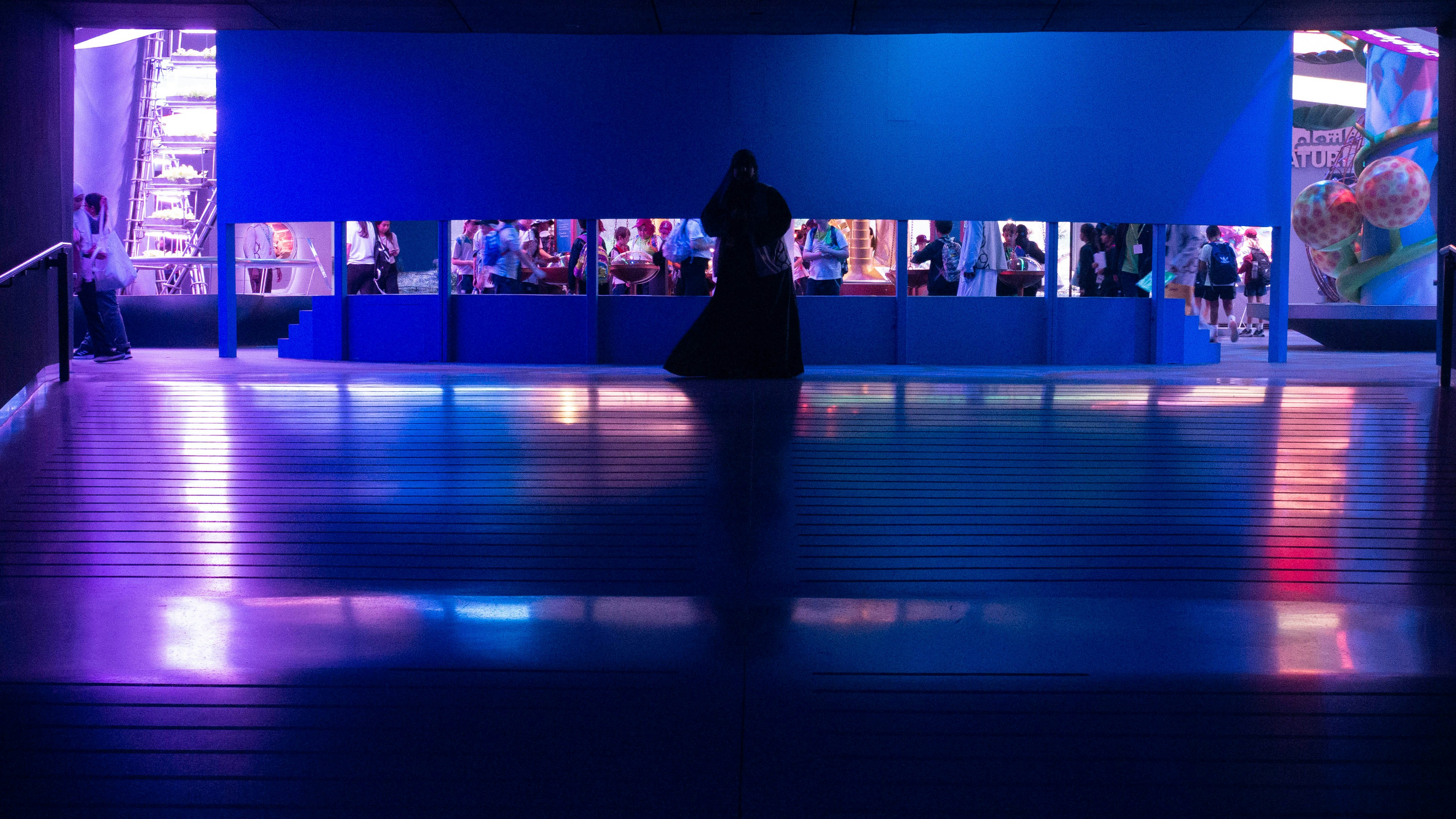 A solitary figure stands before a row of illuminated display panels along a blue wall, their silhouette mirrored on a glossy, reflective floor.