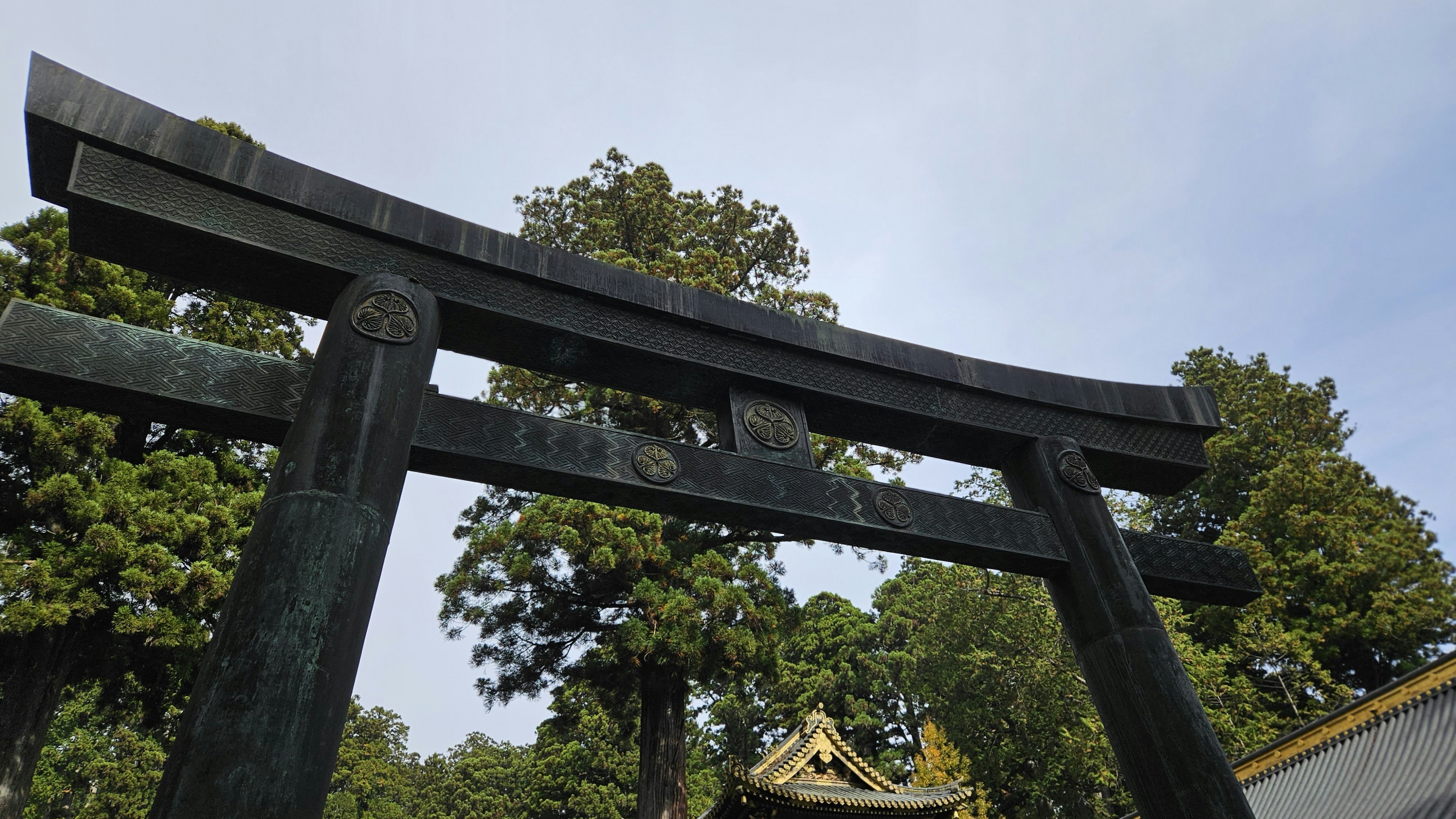 Photograph of a weathered torii gate framing a pale blue sky, with lush trees in the background.