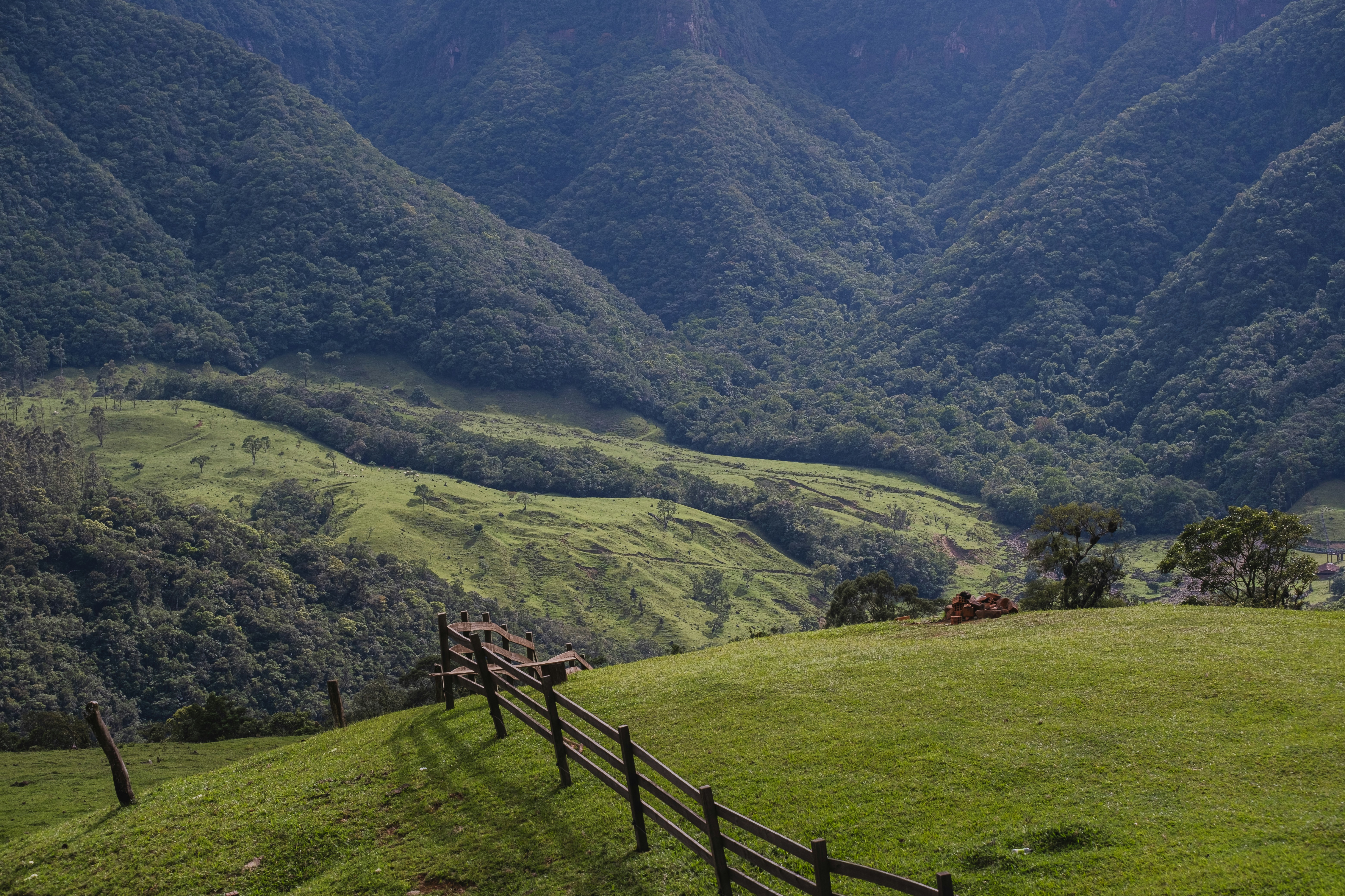 Fenceline Across Emerald Valleys Beneath Quiet Mountain Ridges