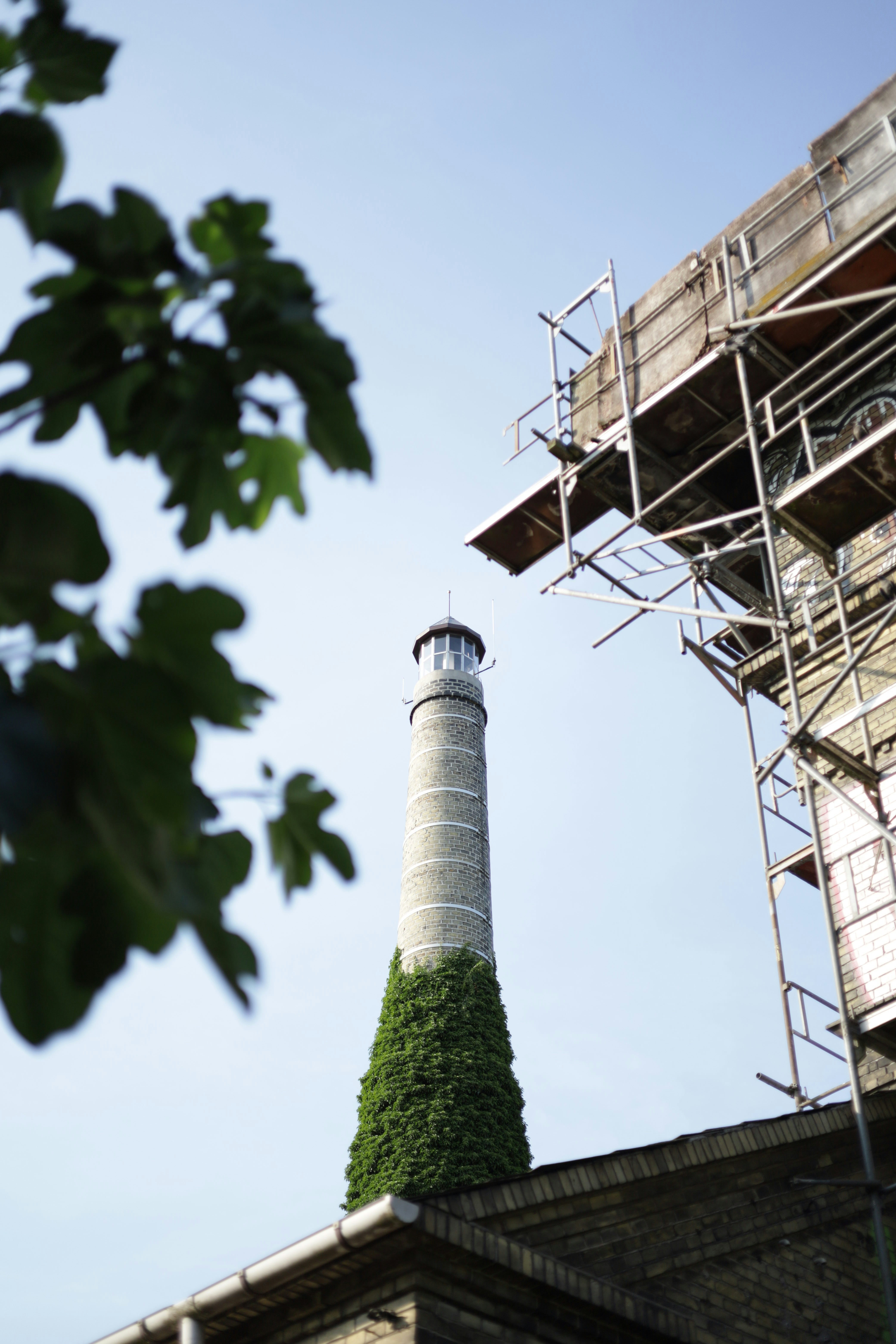 Ivy-Clad Chimney Rises Between Exposed Steel Under a Clear Sky