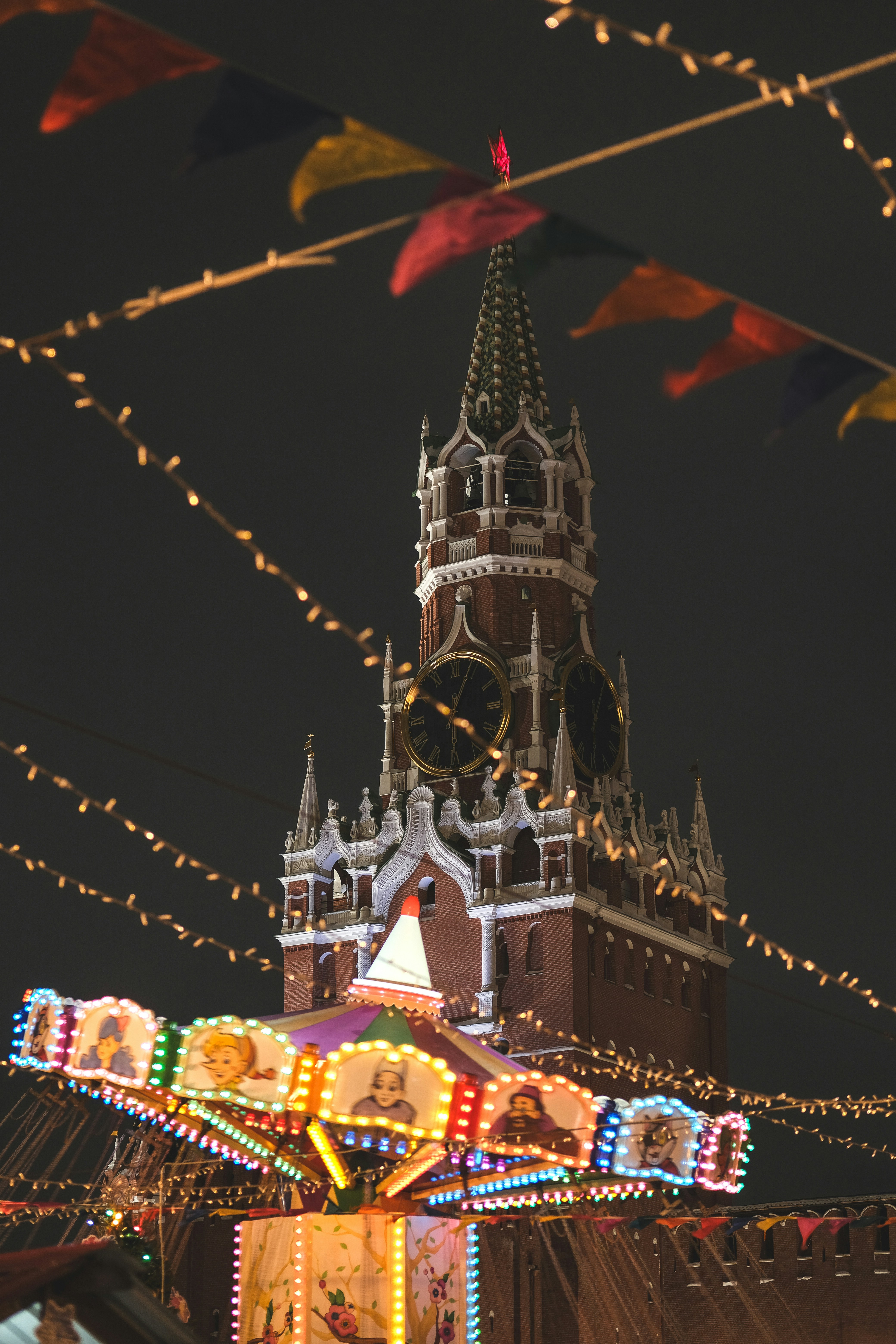Spasskaya Tower Under Holiday Lights, A Nighttime Carousel Glow