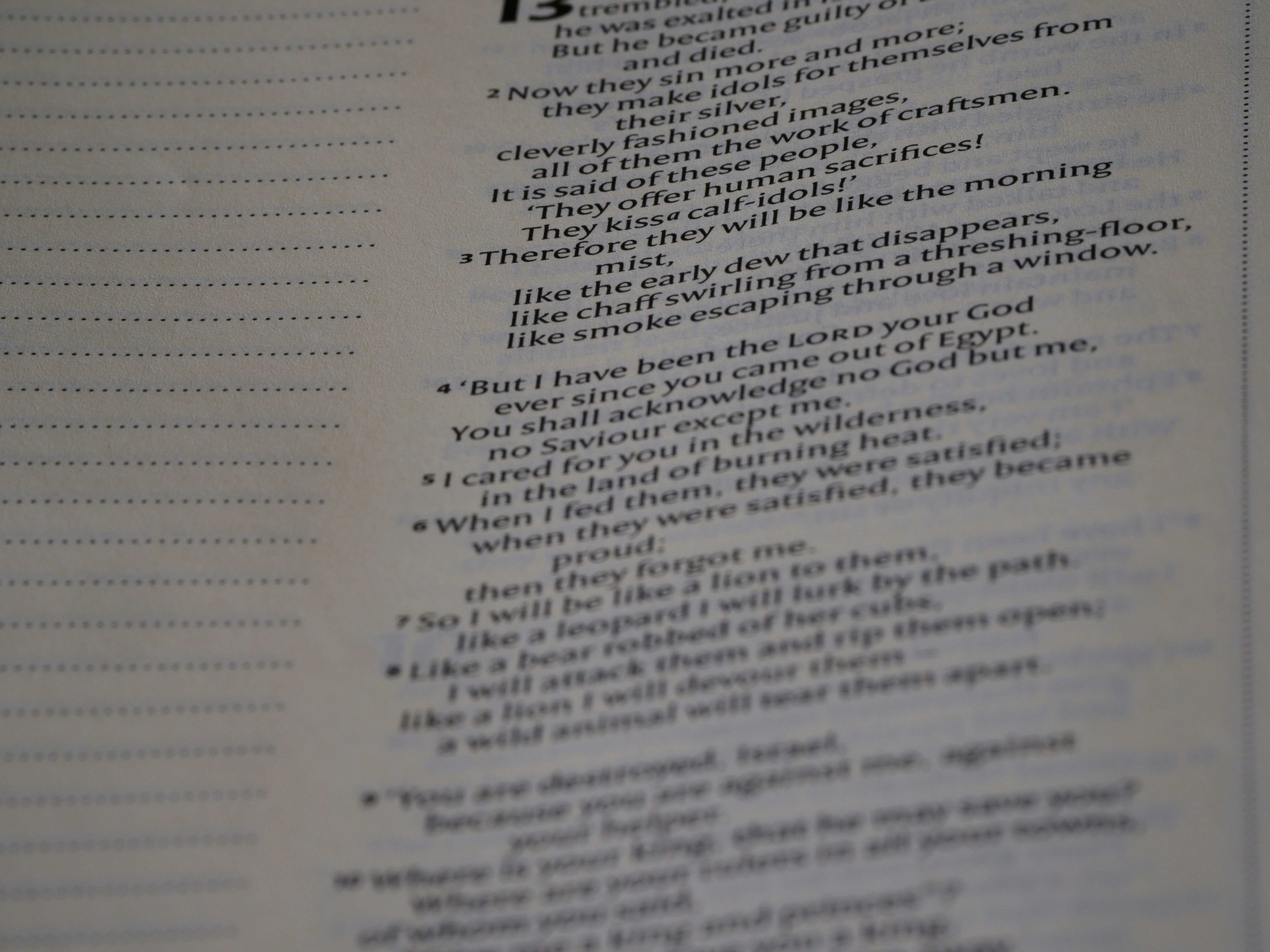 Close-up of biblical text with selective focus highlighting specific verses.