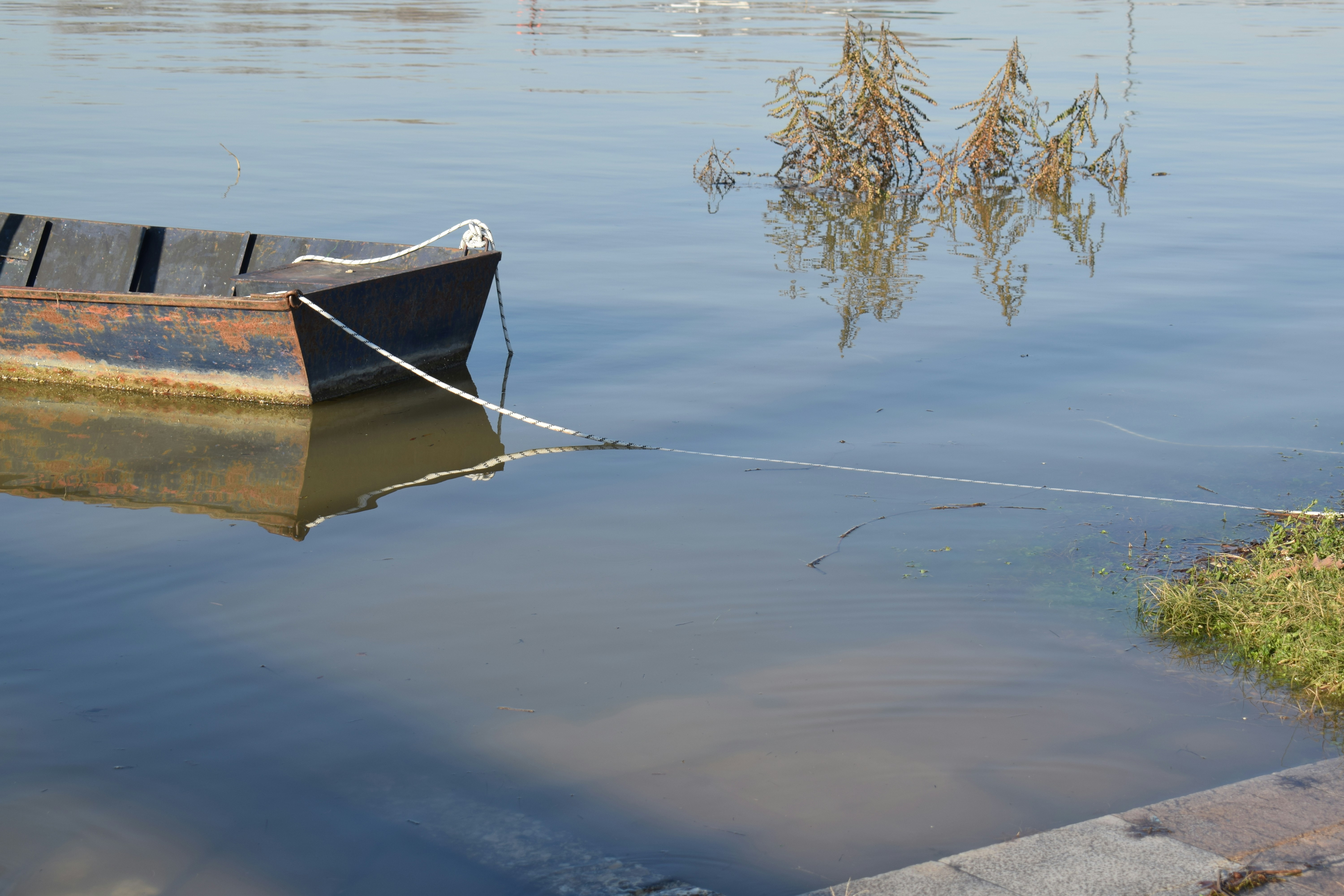 Foto Un bote amarrado a un poste en un cuerpo de agua – Imagen Gris ...