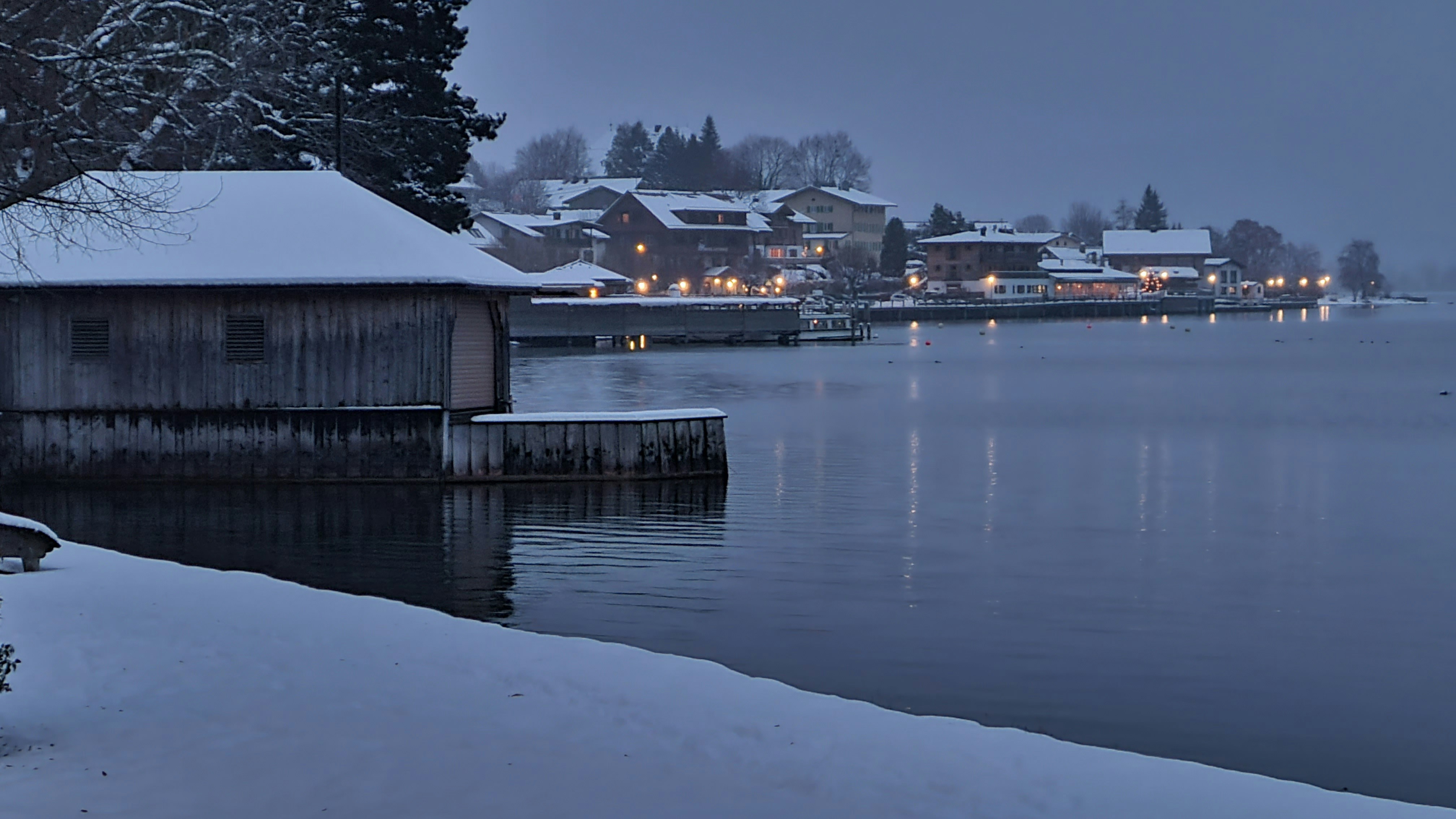 Blue Hour Harbor Glow: Snowbound Village by Quiet Water