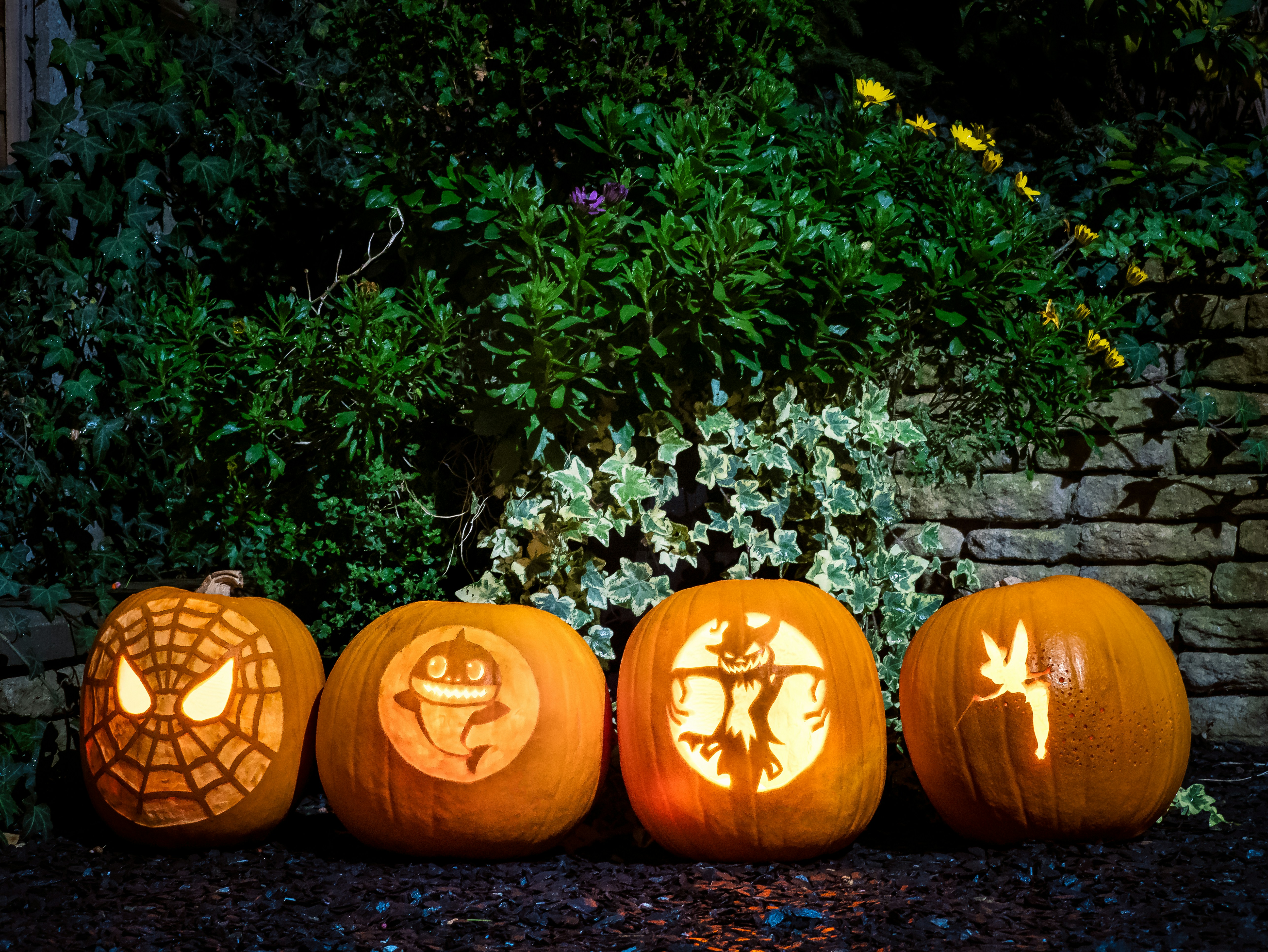 Luminous Row of Pumpkins: Spider-Man, Silhouettes, and Witch by a Garden Wall