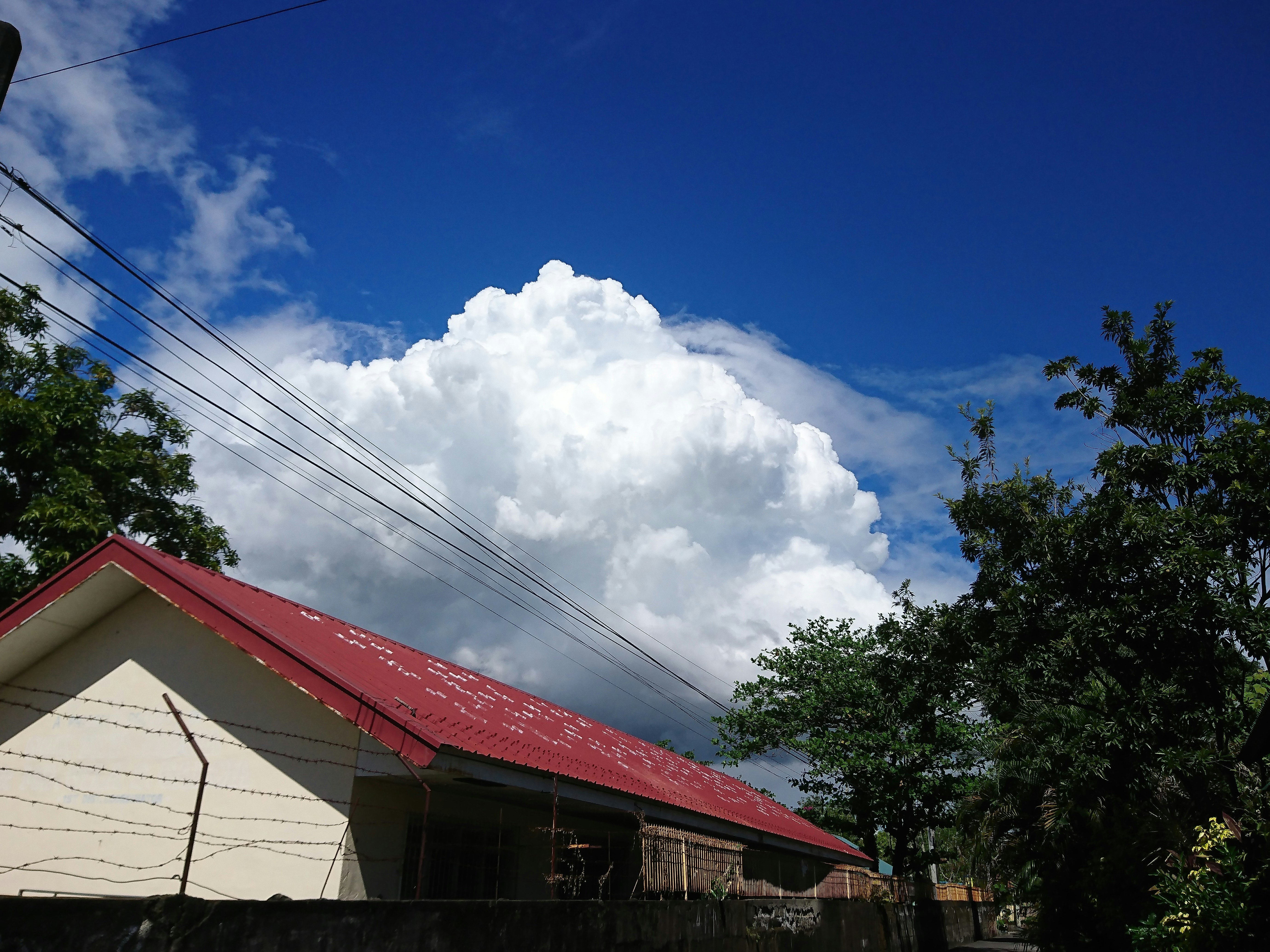 Suburban roofline with a red metal roof beneath a crisp blue sky. A towering white cumulus cloud sits above, dominating the horizon.