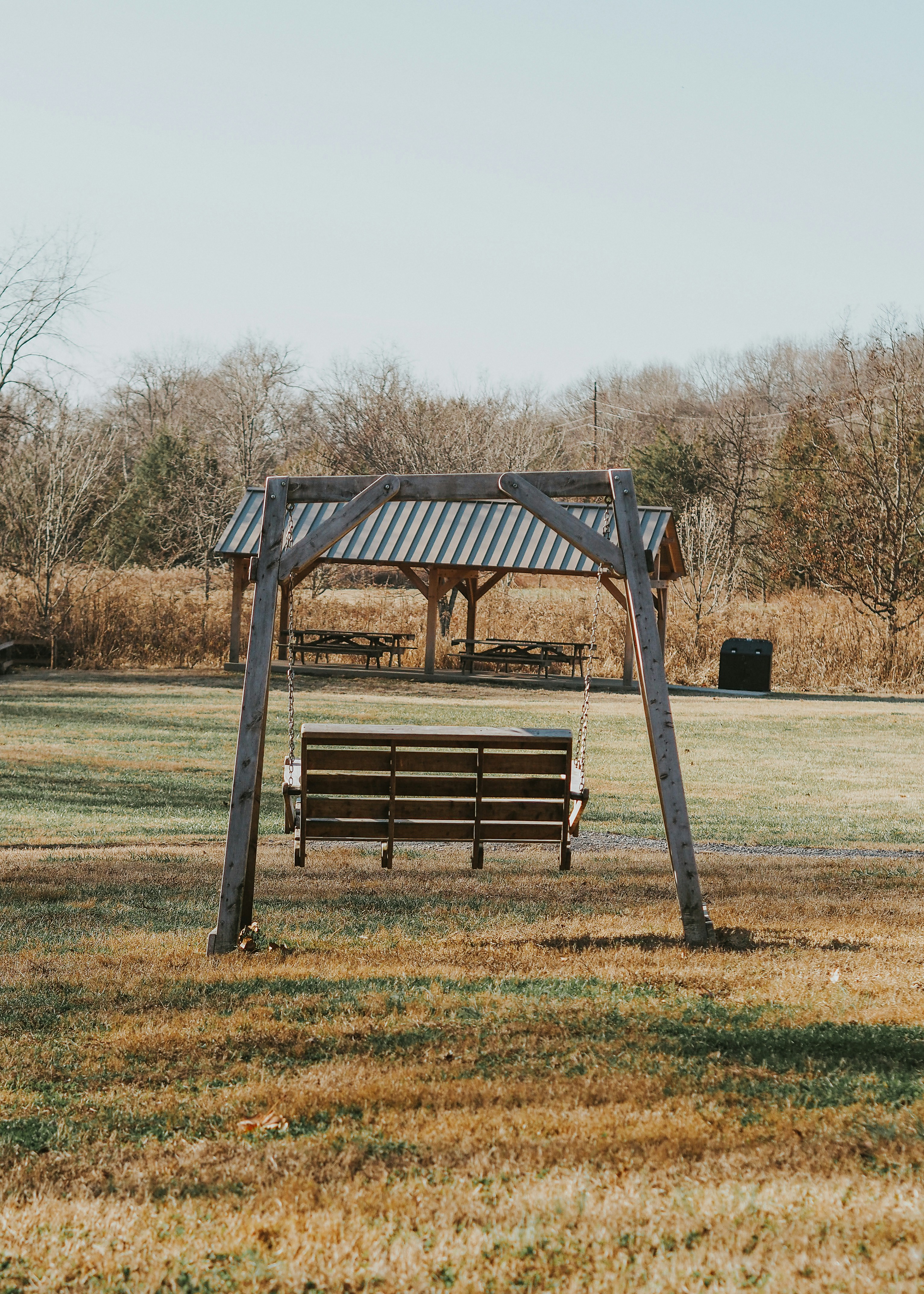 Centerframe Swing Under a Simple Shelter in a Quiet Park
