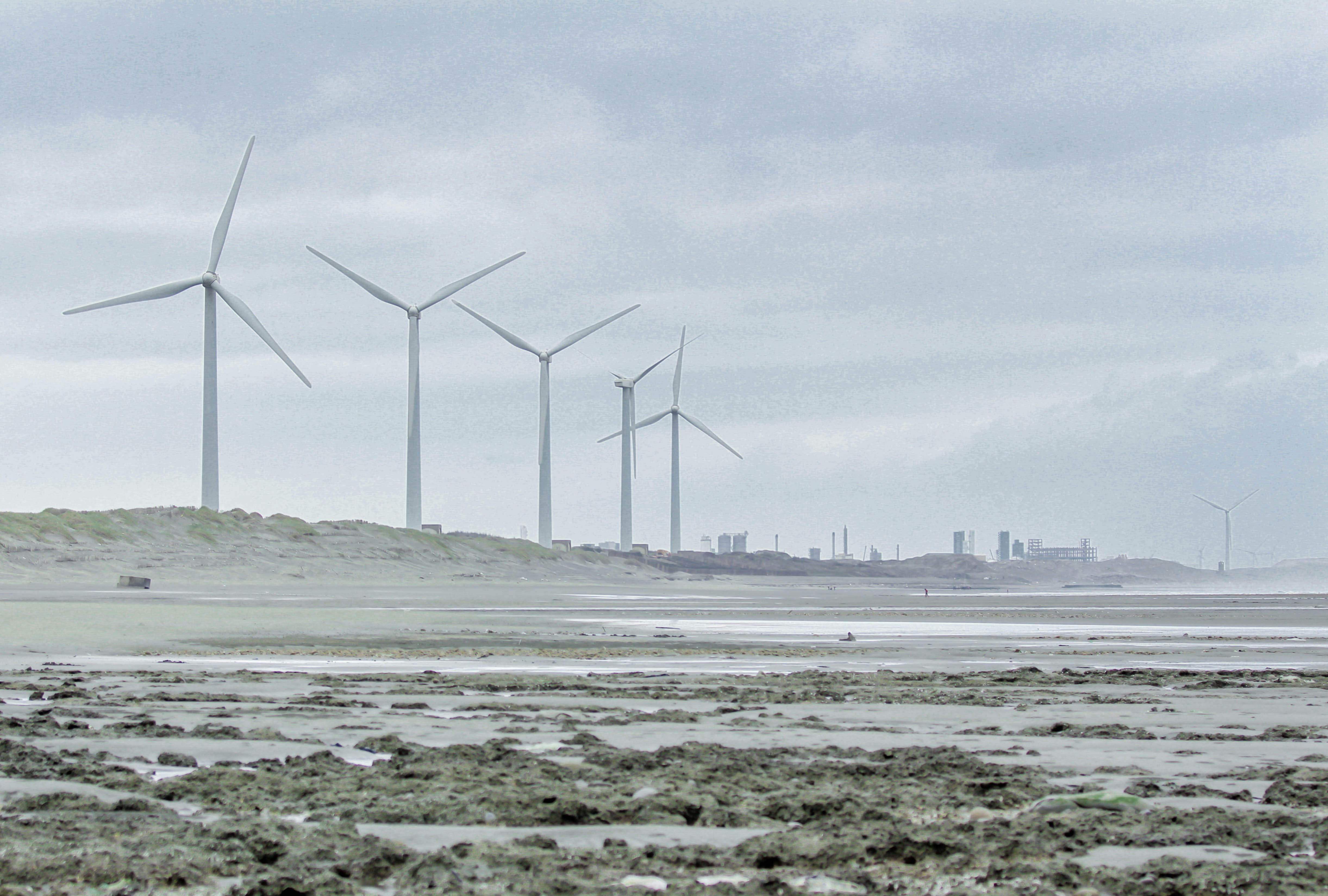 A group of wind turbines sitting on top of a sandy beach photo – Free ...