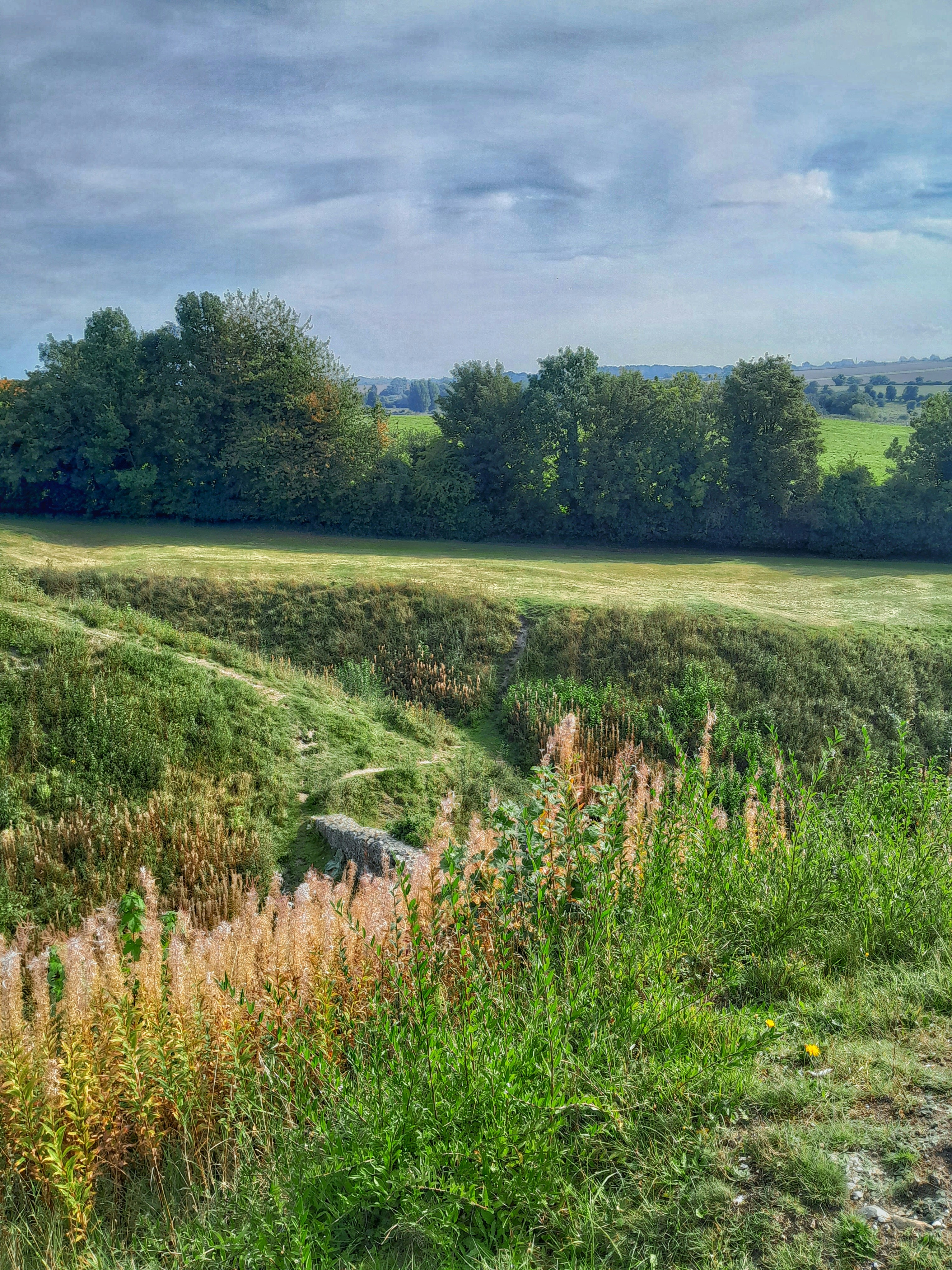Lovely view of the landscape next to the Castle Acre ruins. | a grassy field with trees in the background