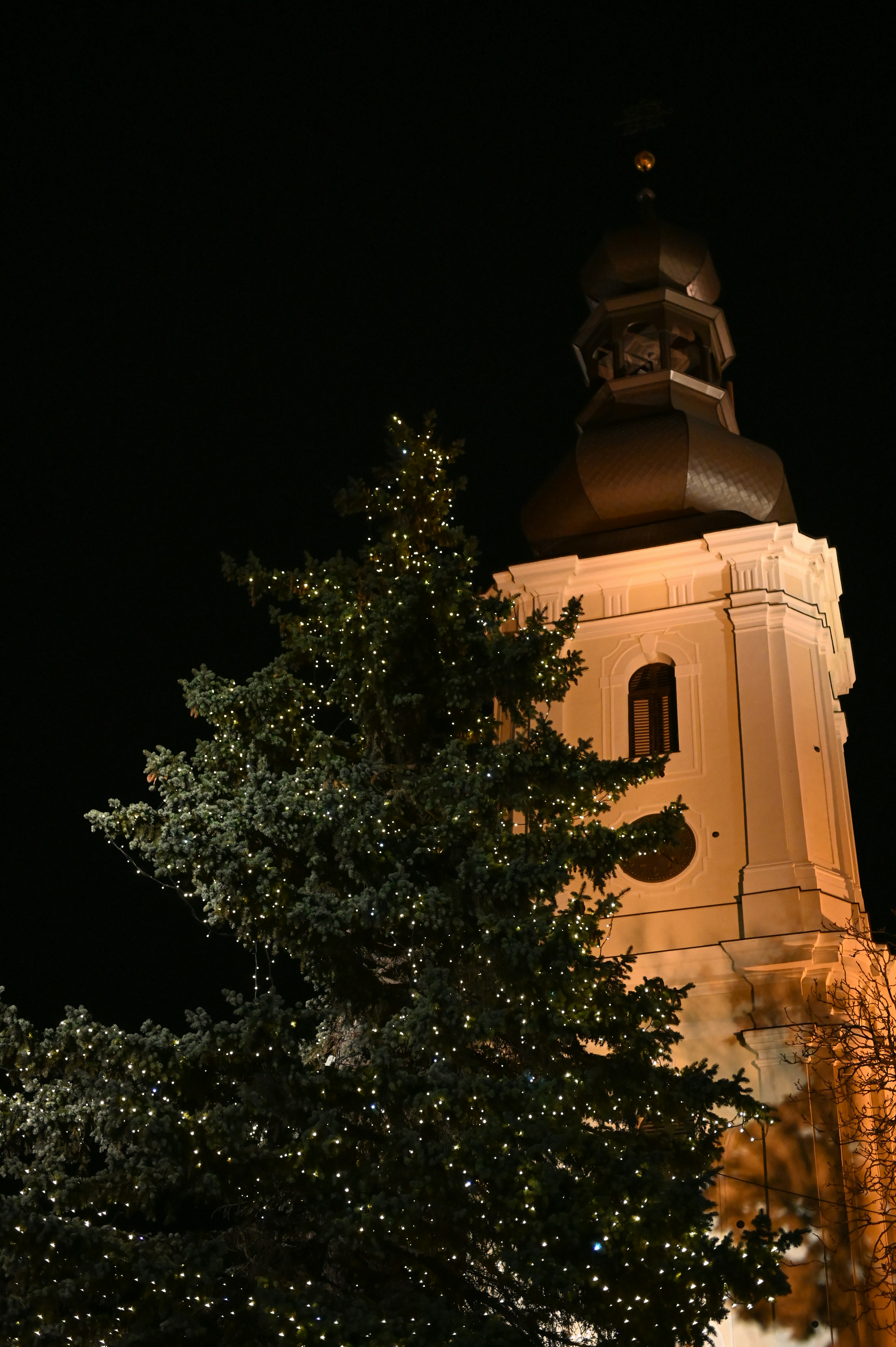 Tower After Dark: Warm Illumination on a Spire Framed by a Twinkling Tree