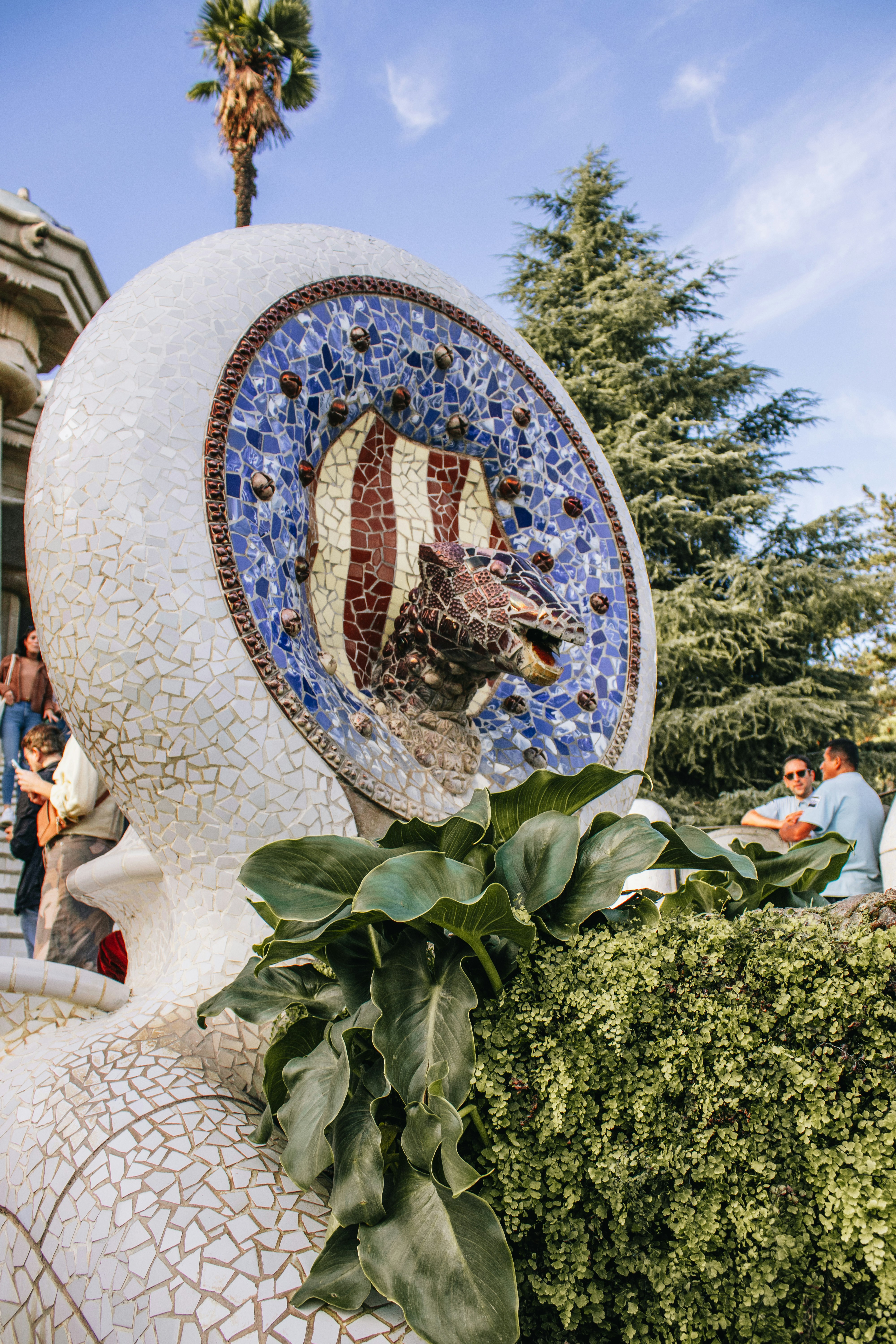 Mosaic Dragon Fountain: A Circular Vista Framed by Foliage