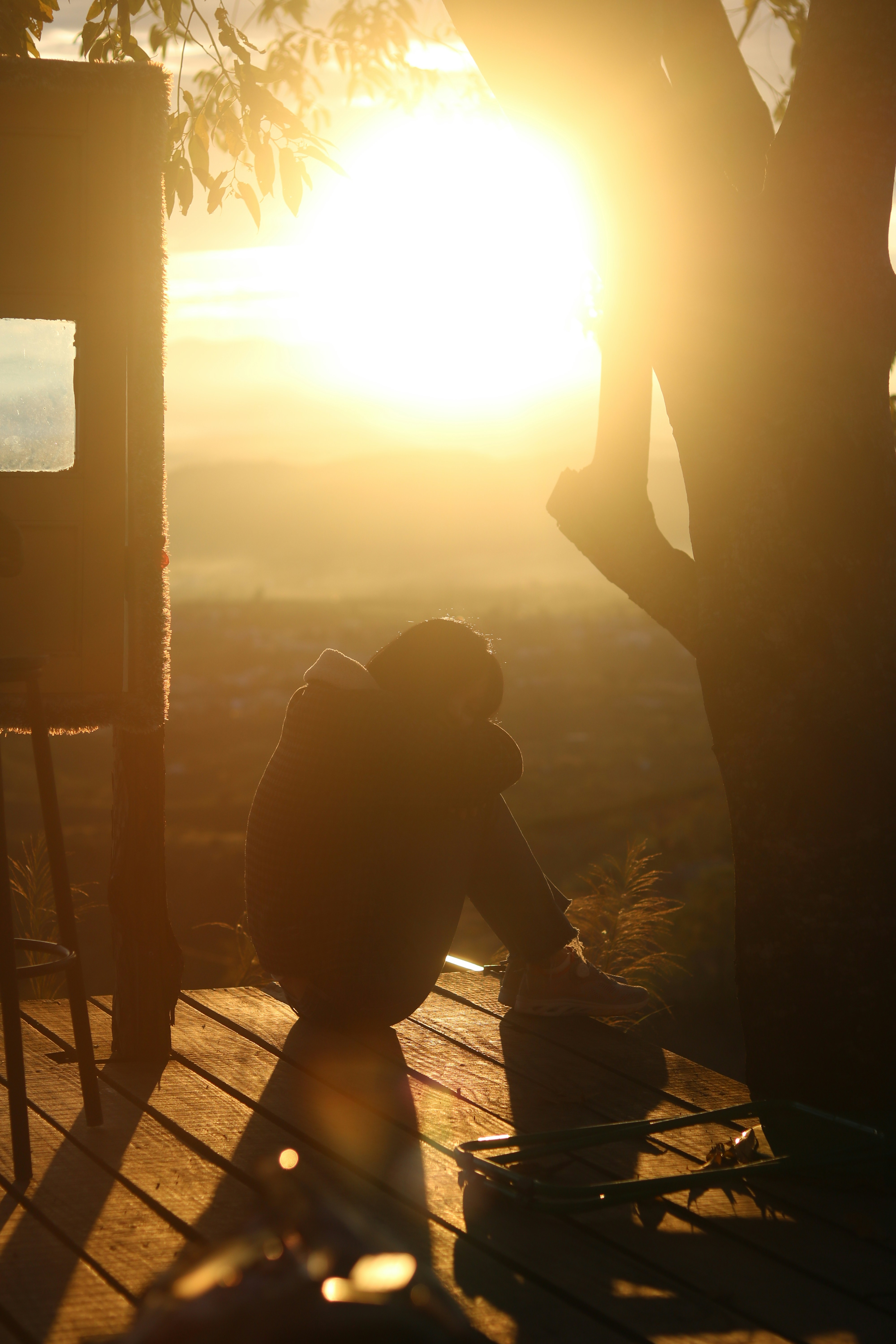 Dusk Silhouette on a Sunlit Deck: Quiet Contemplation