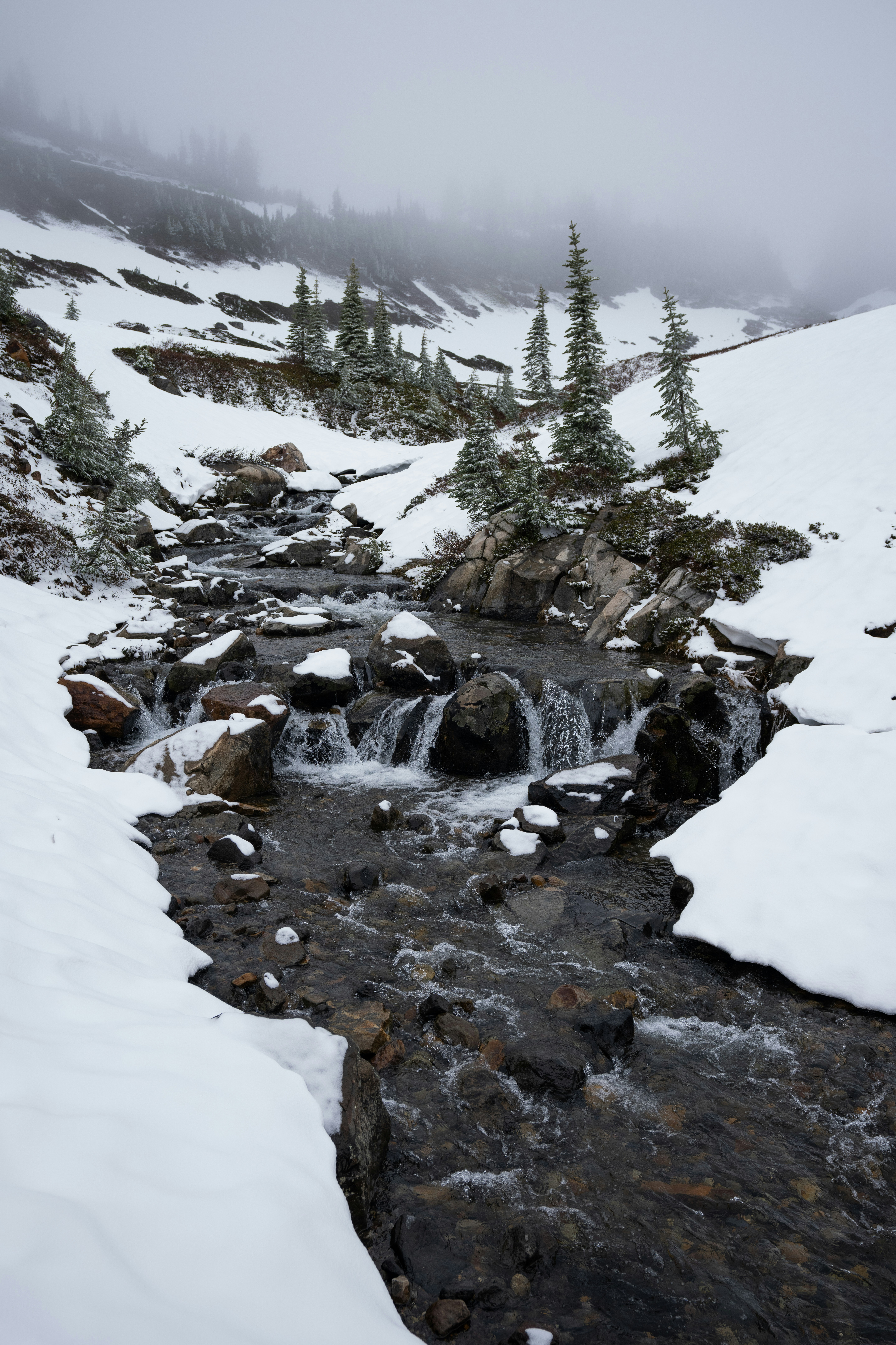 Mist-veiled Cascade Through Snow and Granite