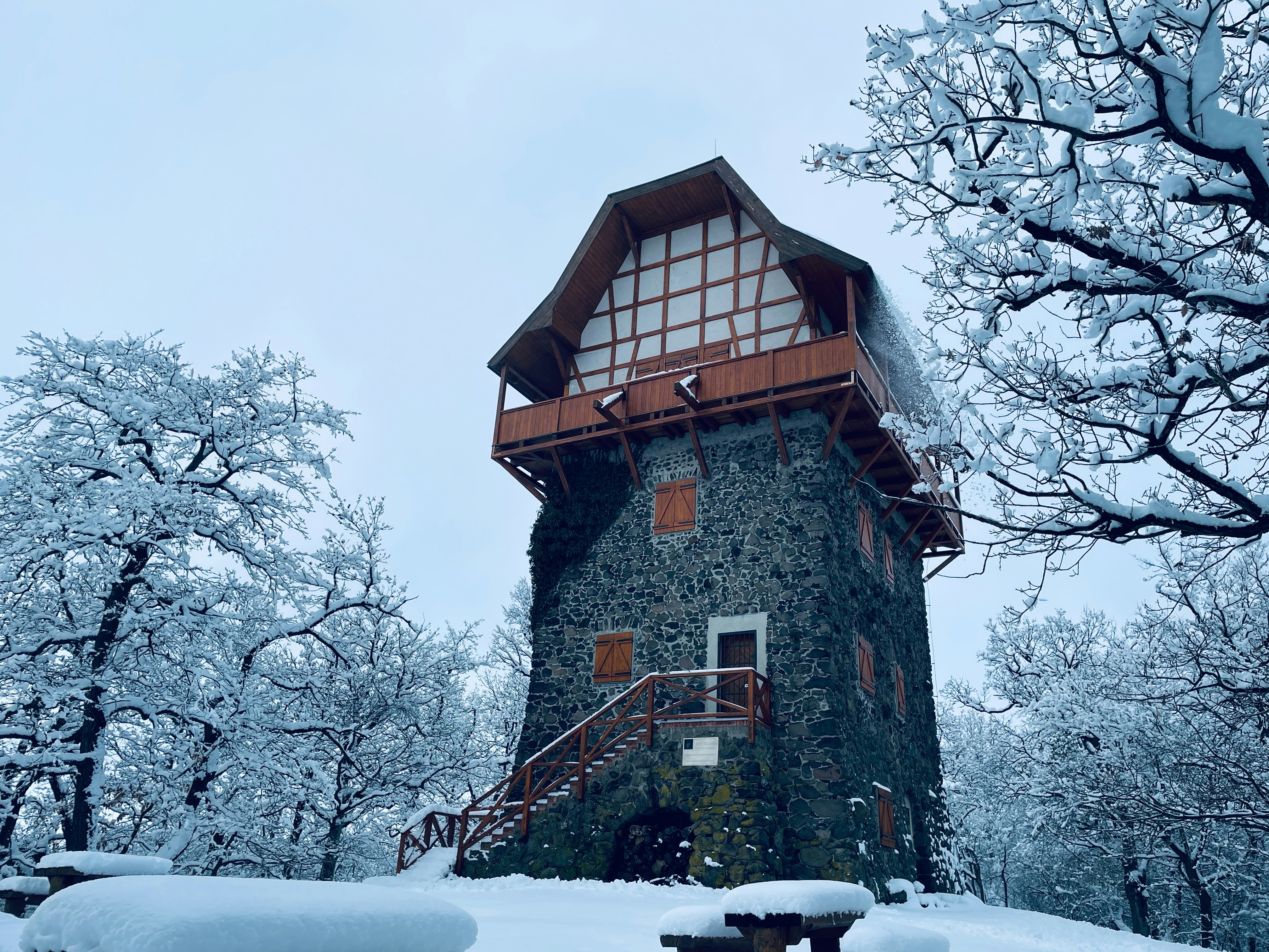 Winter Watchtower: A Stone Beacon Reaching Skyward Through Frosty Pines