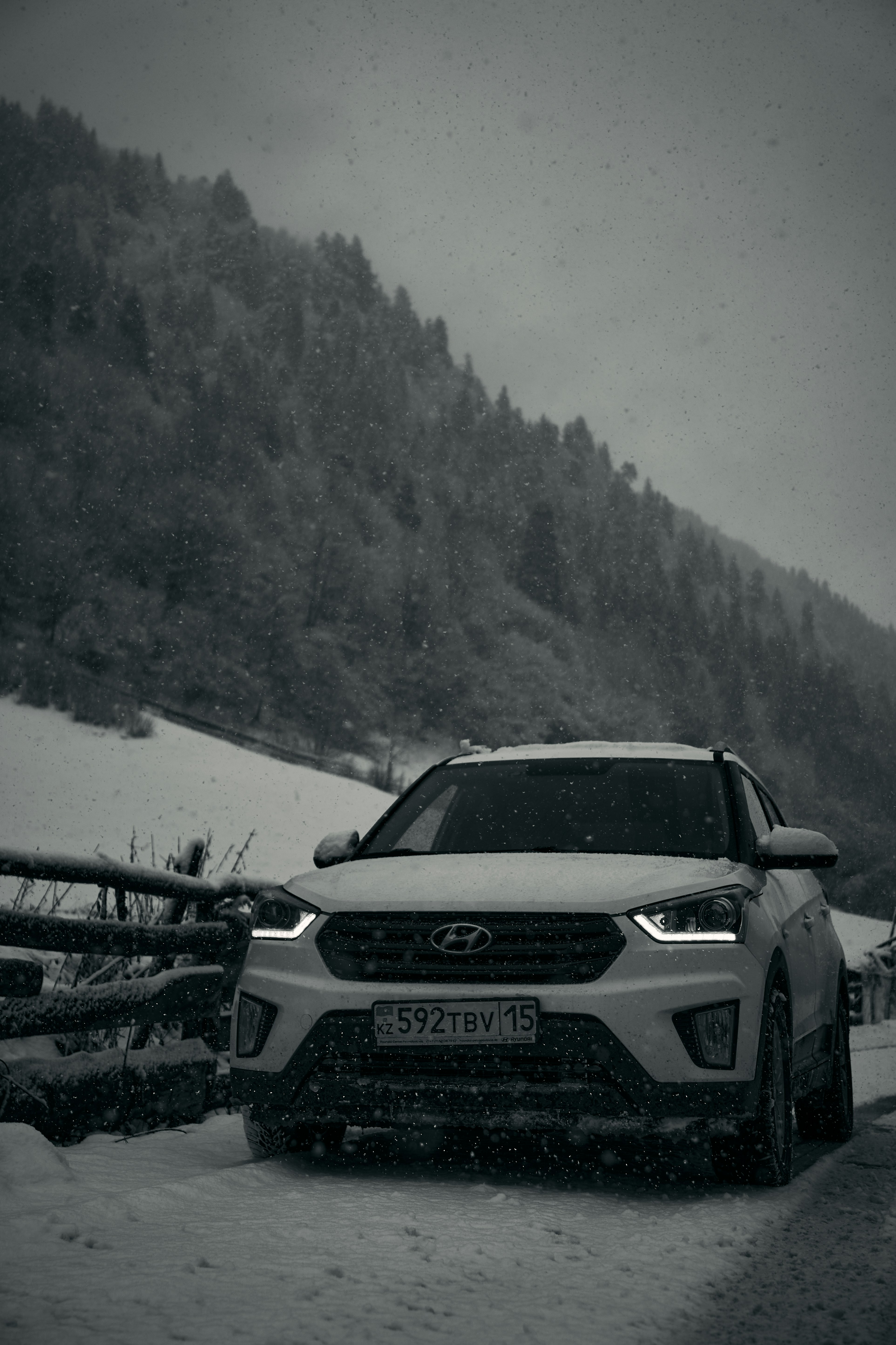 Grille in the Snow: A Hyundai on a Remote Alpine Road