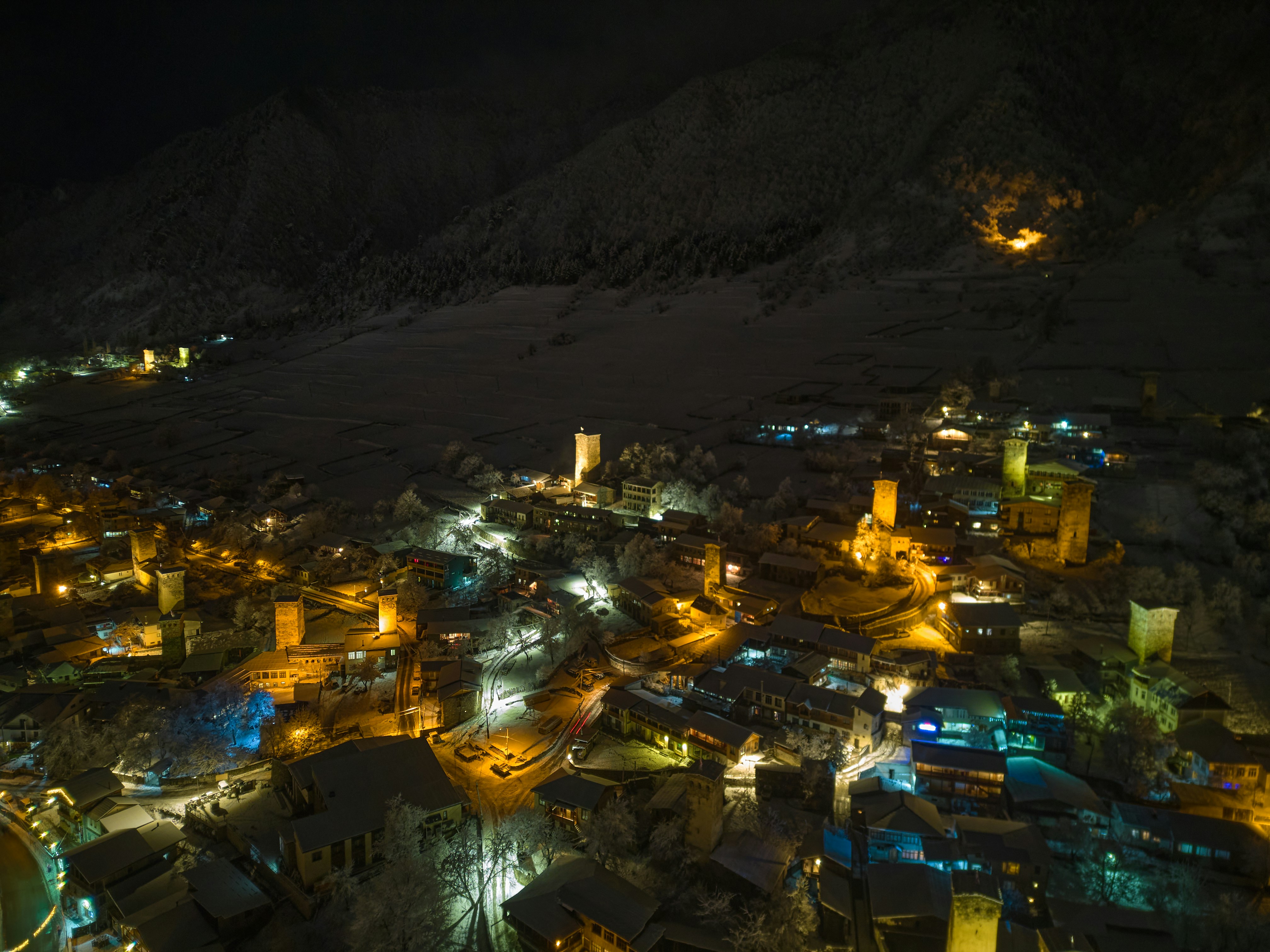 Amber Towers Over Snowbound Valley: A Night Drone Chronicle