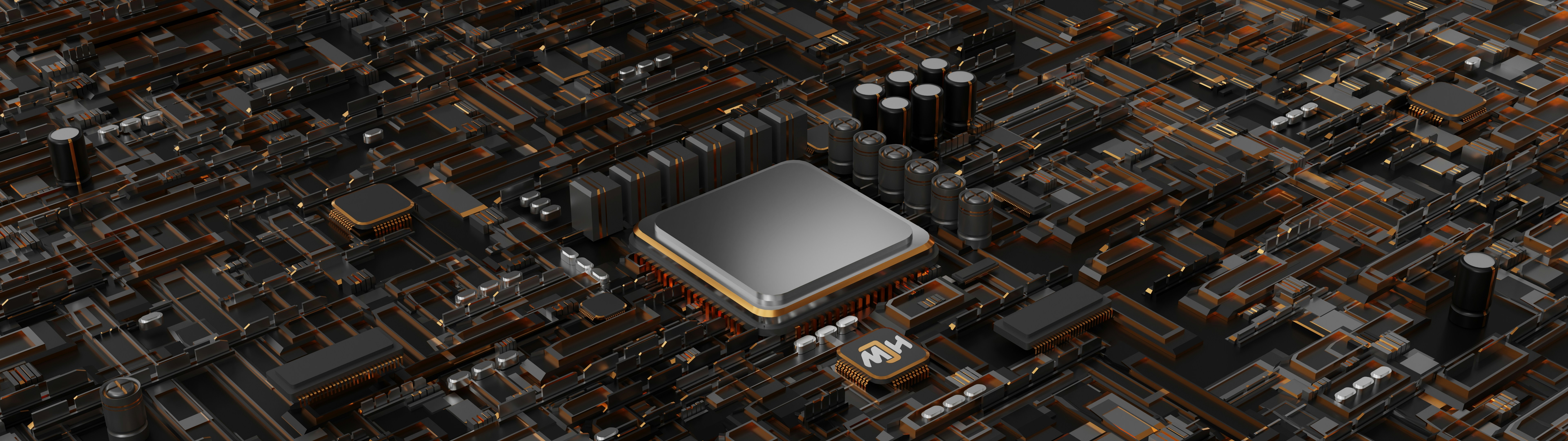 A computer processor surrounded by a lot of brown and black squares ...