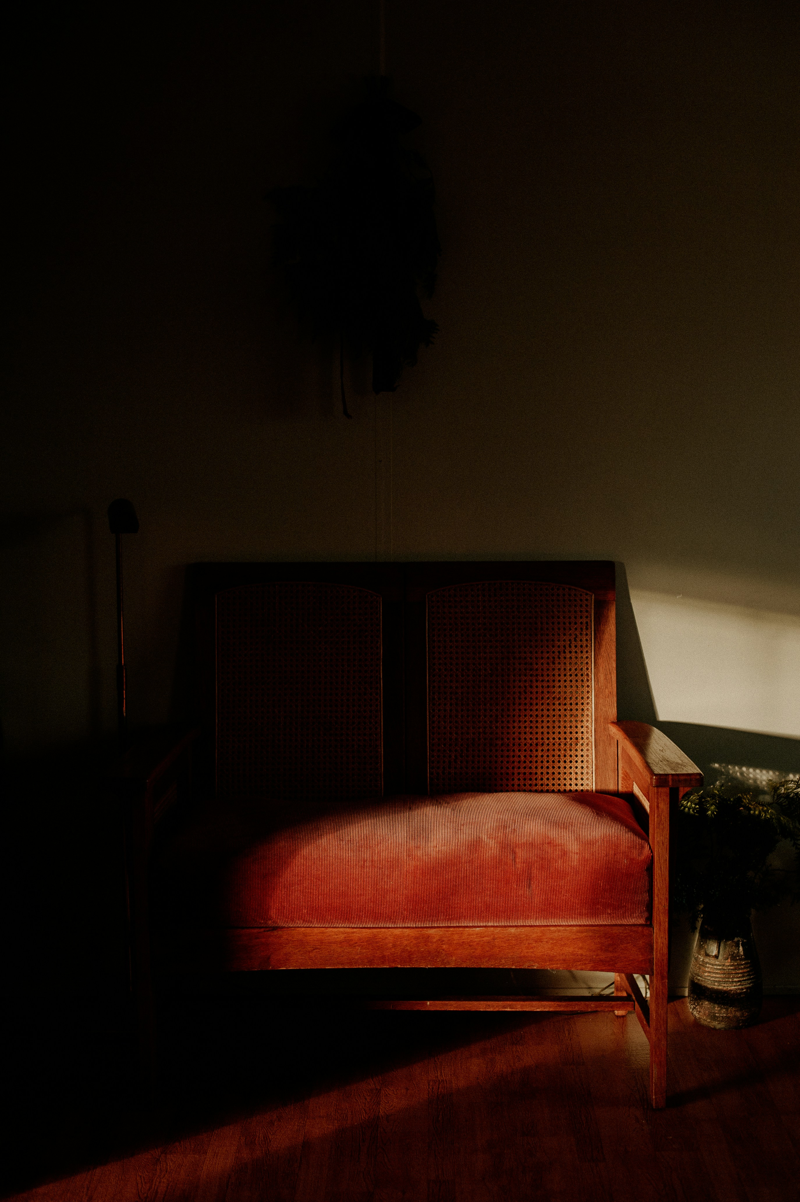 Vintage wooden sofa bathed in soft light, surrounded by warm shadows and a hint of greenery from a nearby plant.