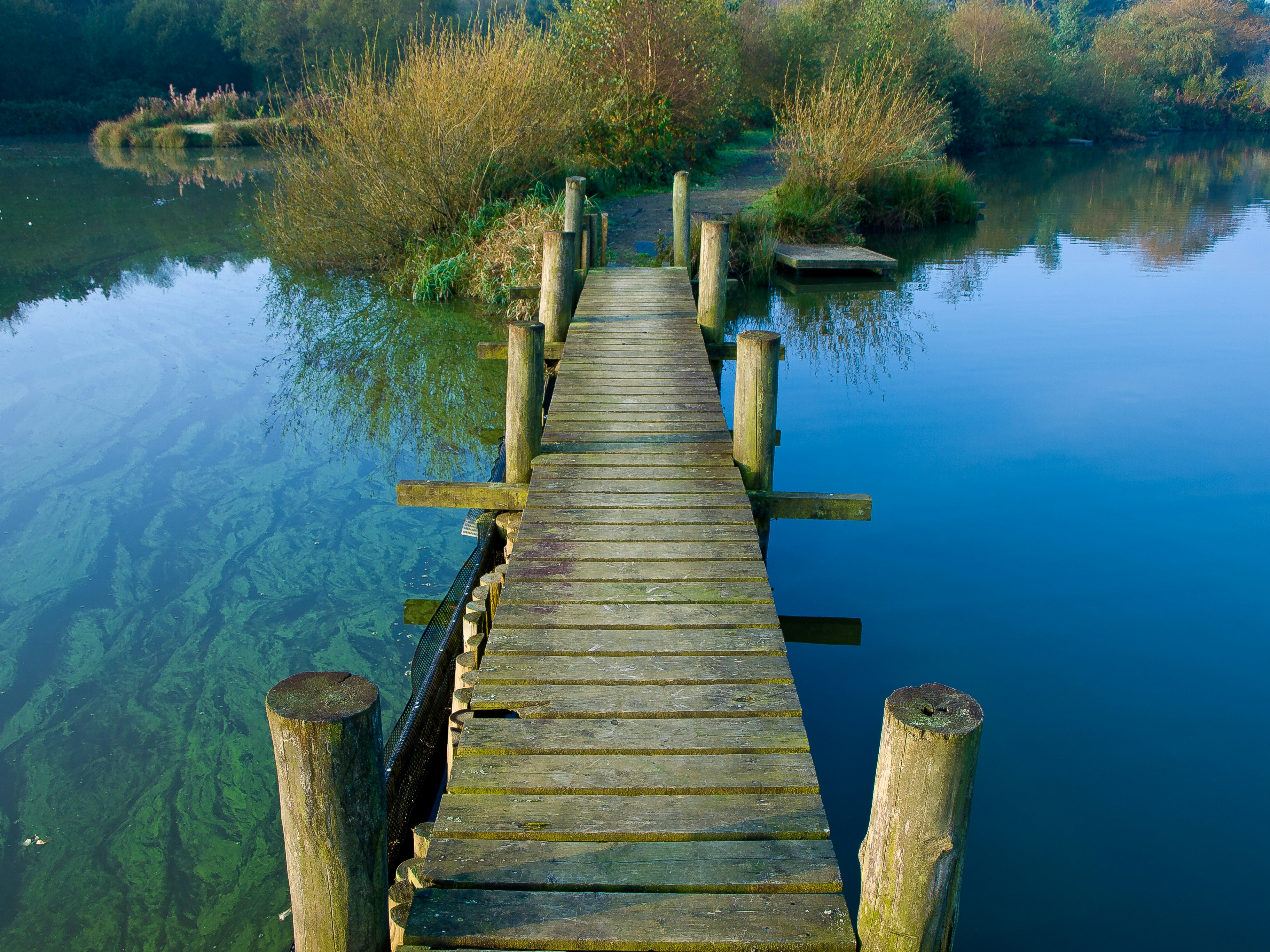 Wooden jetty extending into calm waters, surrounded by lush greenery and reflections of the landscape. The serene setting invites contemplation.