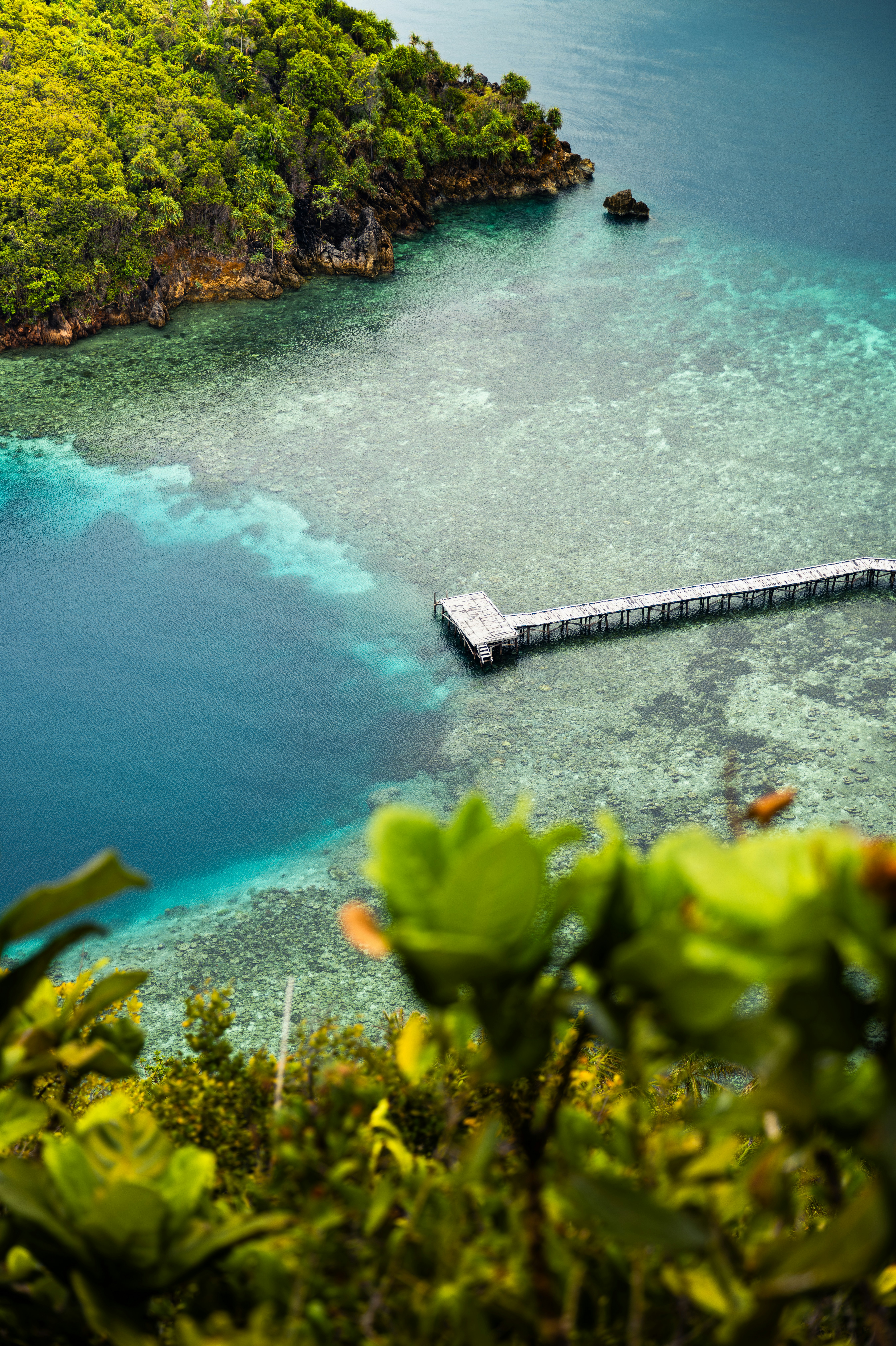 Emerald Cove: A Coral-Illuminated Pier Reaches into Clear Turquoise Waters