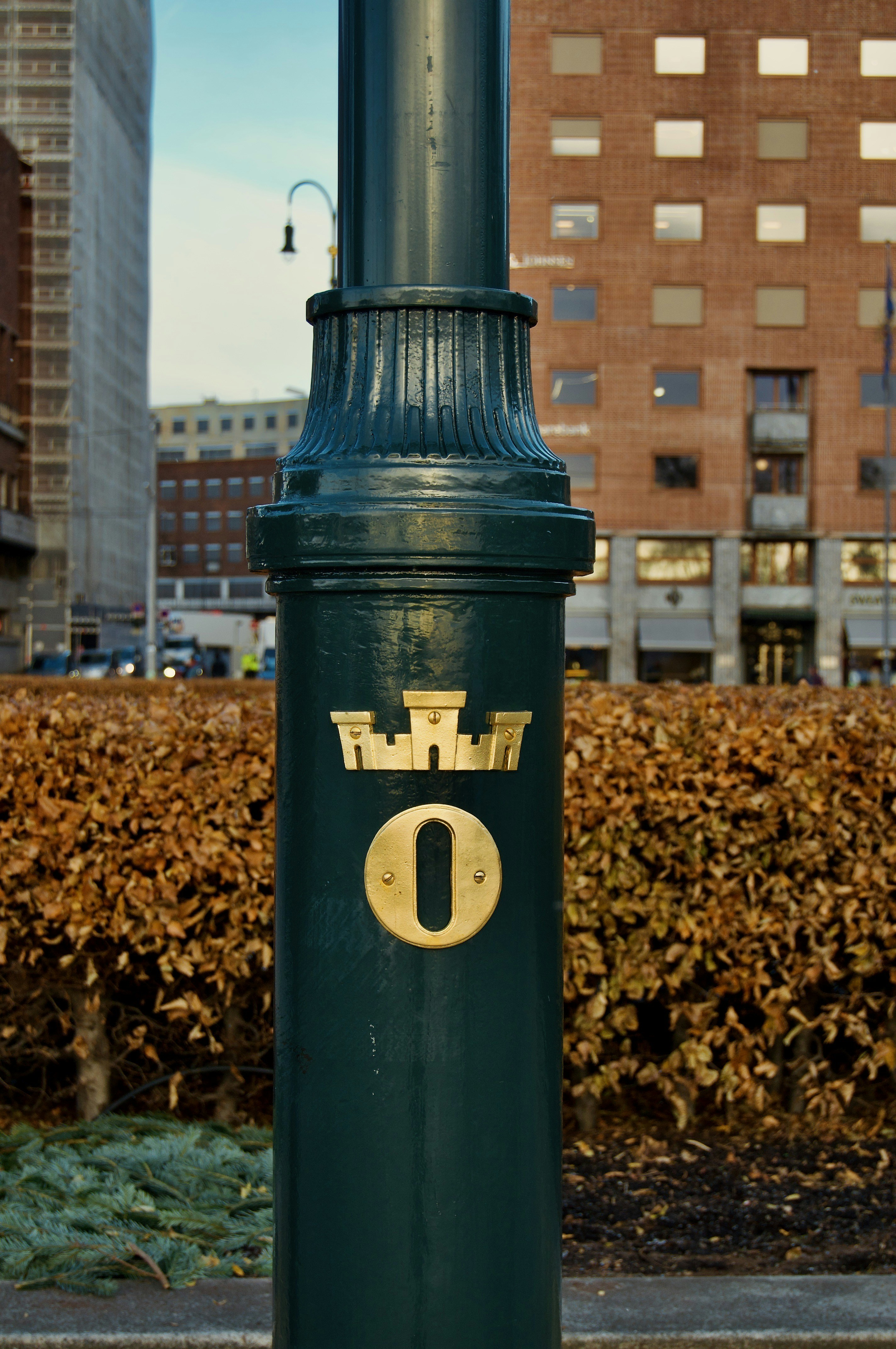 Bronze Crest on a City Lantern: Quiet Geometry in Winter Light
