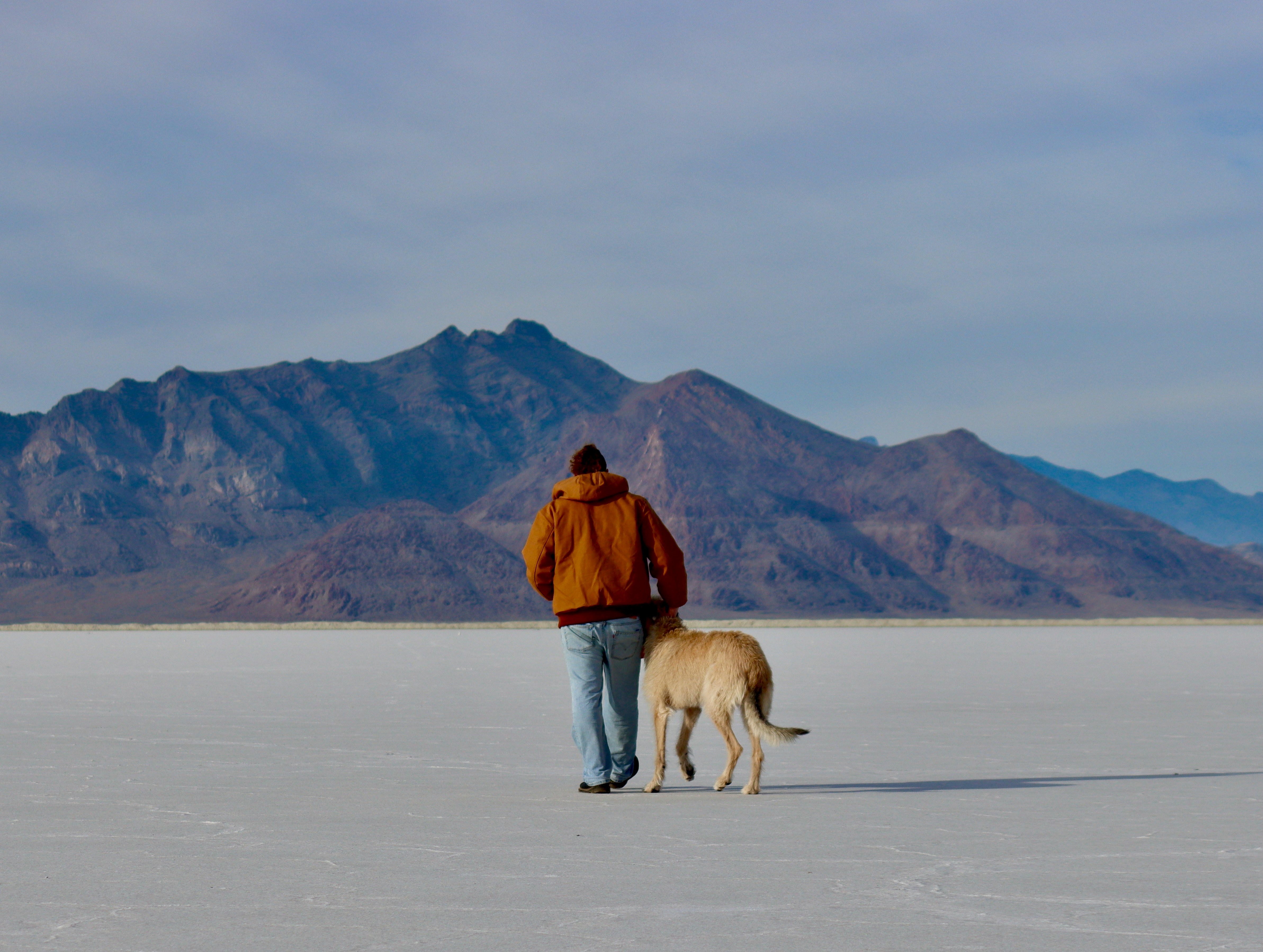 Traveler and Dog Cross the Salt Flat Beneath Alpine Peaks