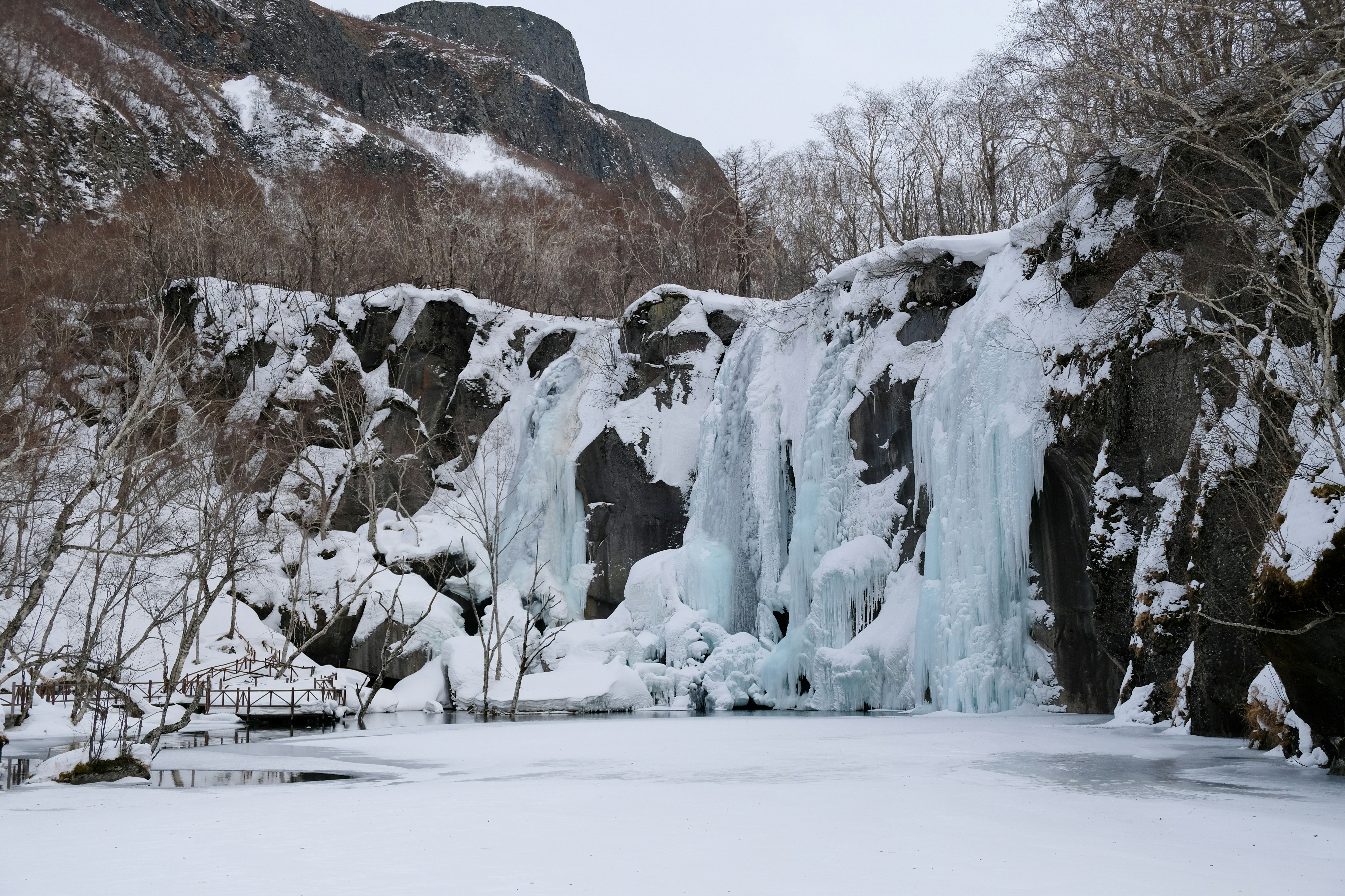 A frozen waterfall in the middle of a forest photo – Free 长白山 Image on ...