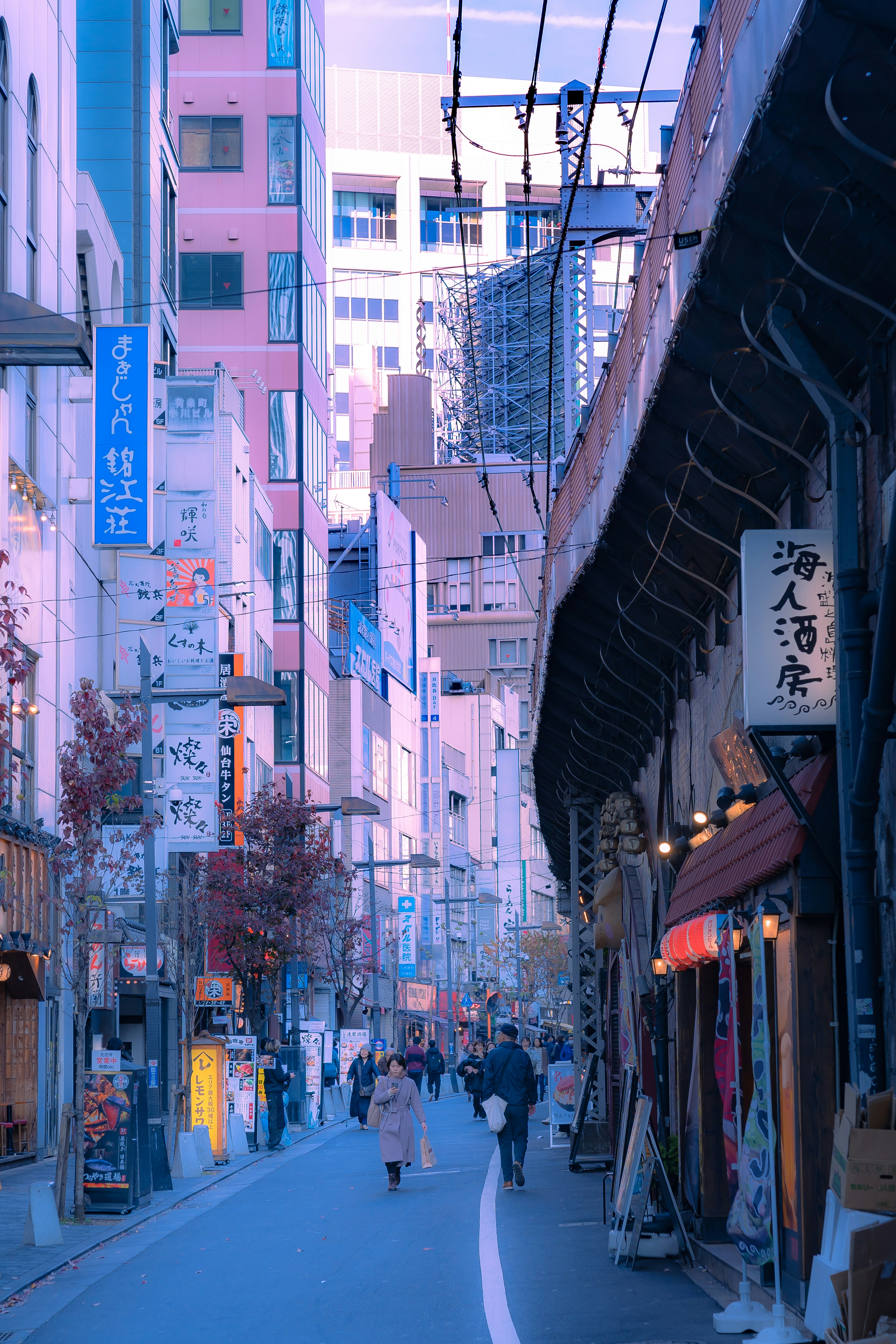 Neon-Tinted Alleyway: Pedestrians Under Elevated Tracks on a Japanese Street