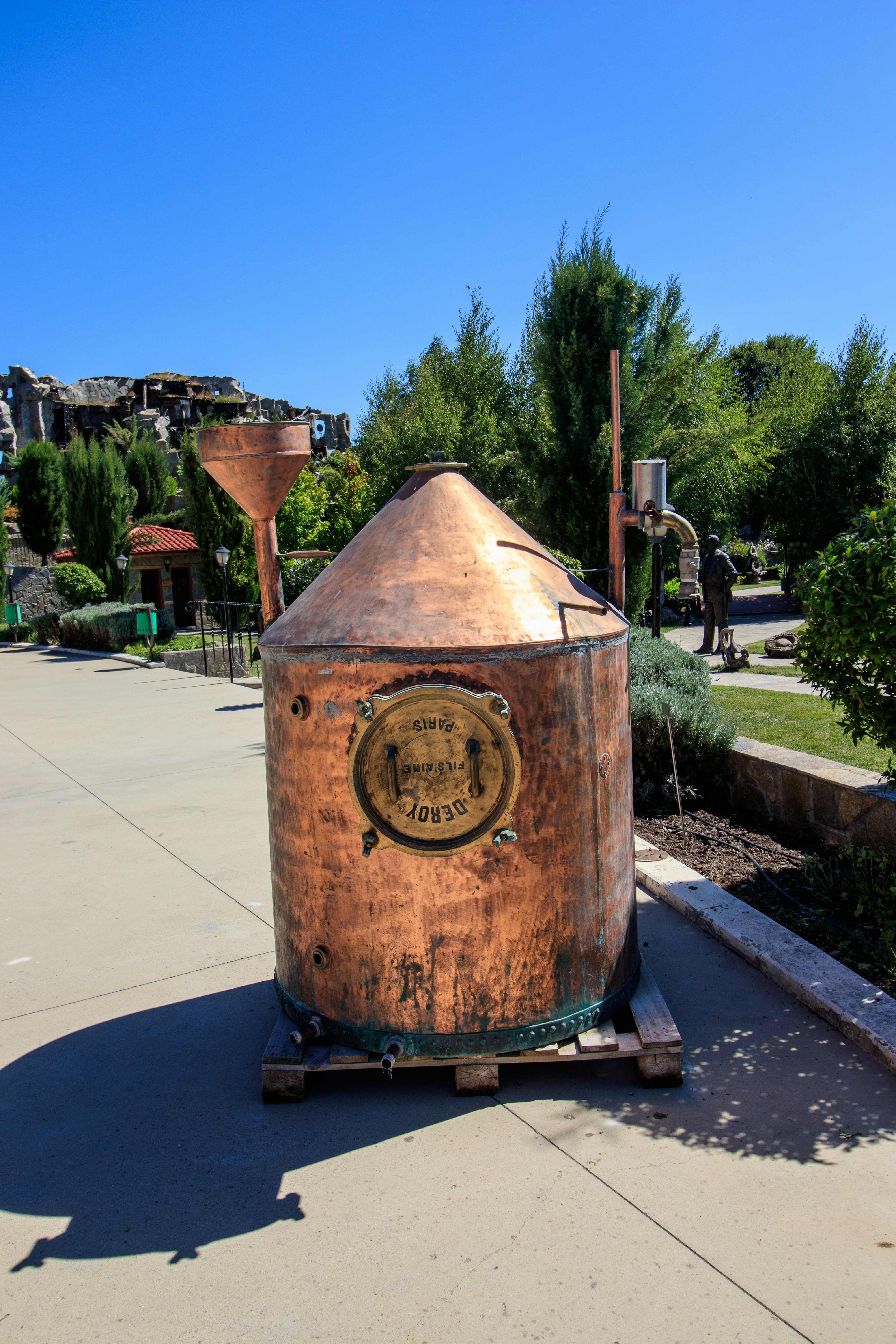 Bright Sunlight Shining on Tree and Copper Container
