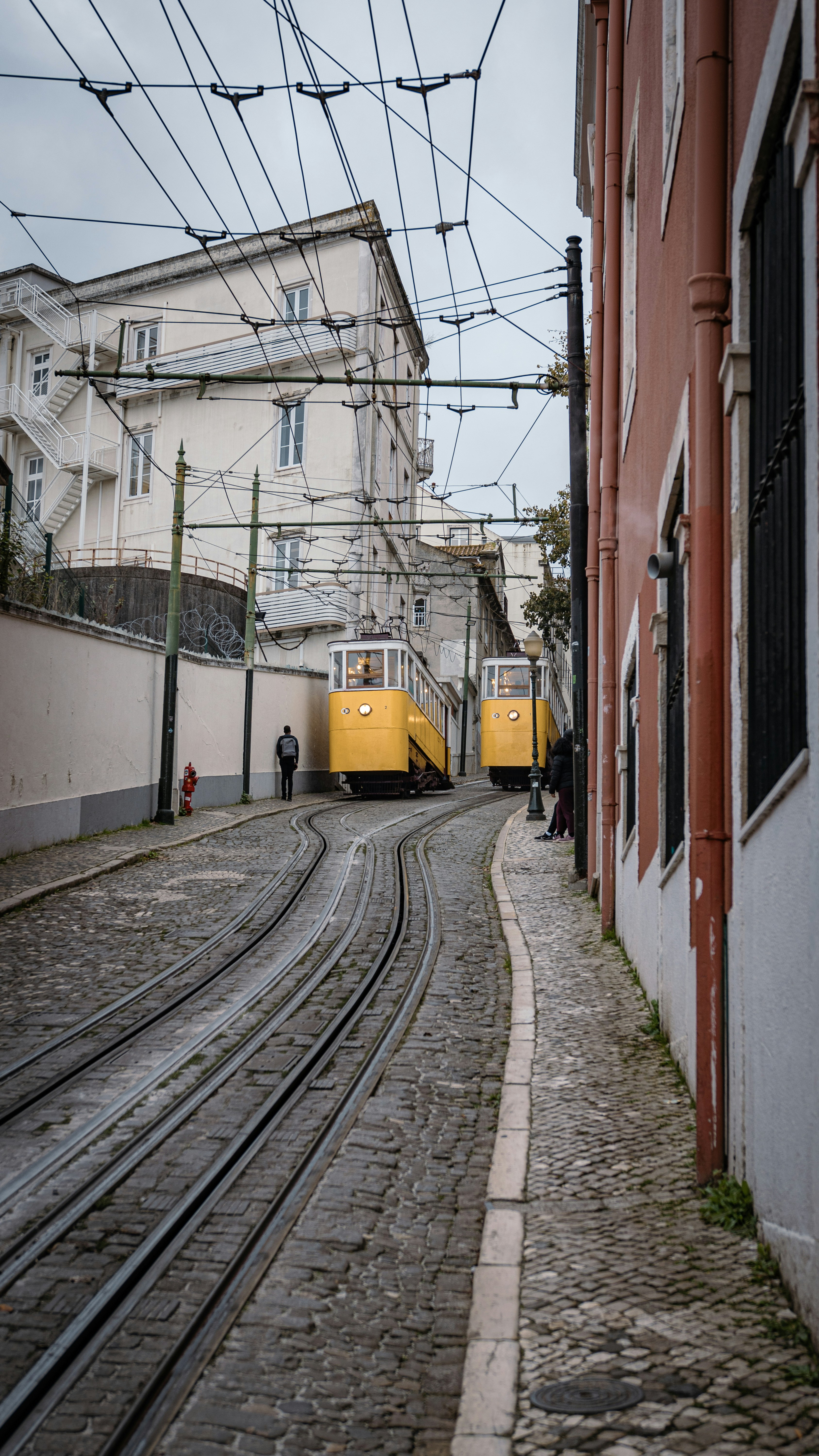 Yellow Trams on a Winding Cobblestone Lane Beneath a Web of Wires
