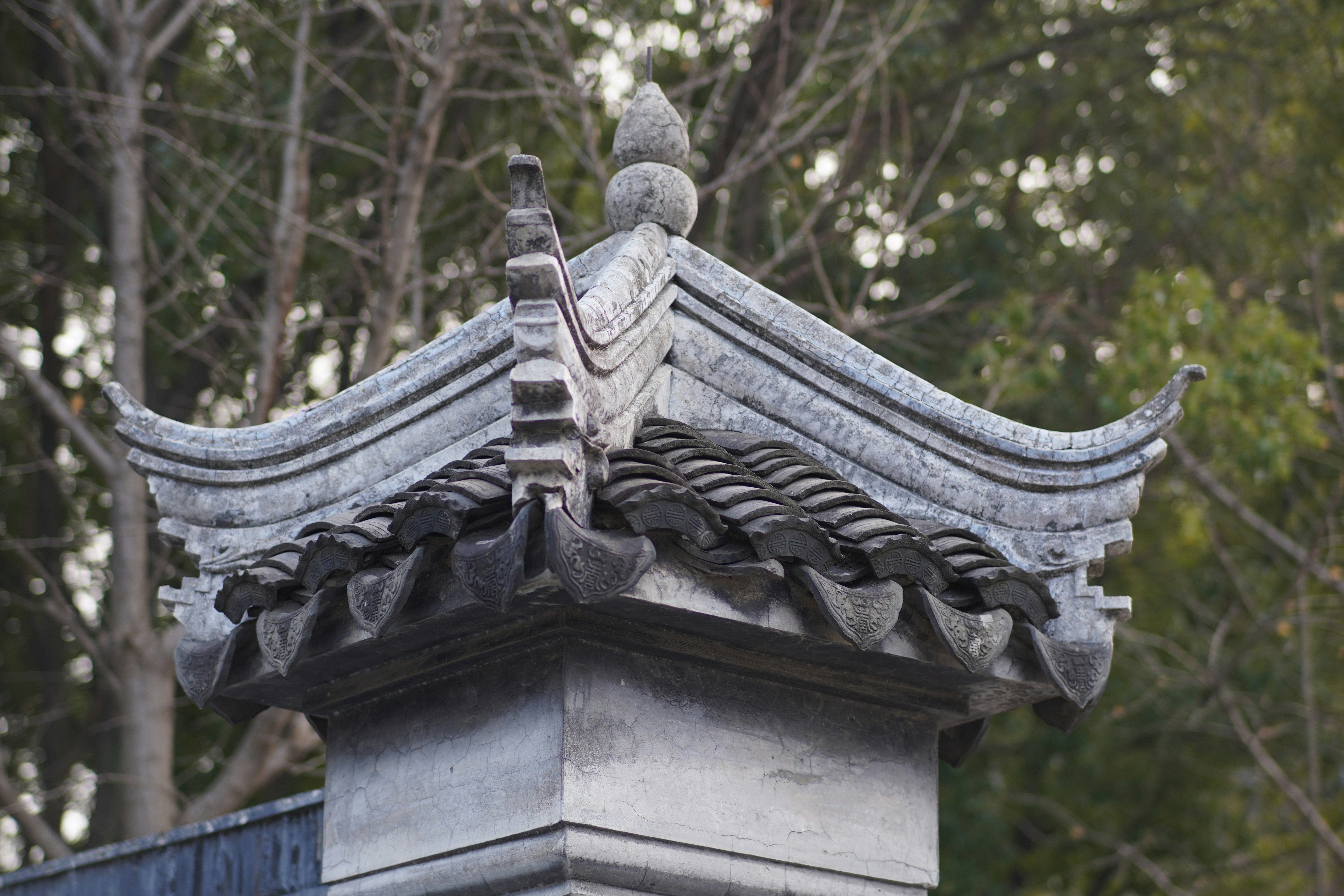 Whispers of Stone: The Curved Roof Ornament Over a Quiet Forest