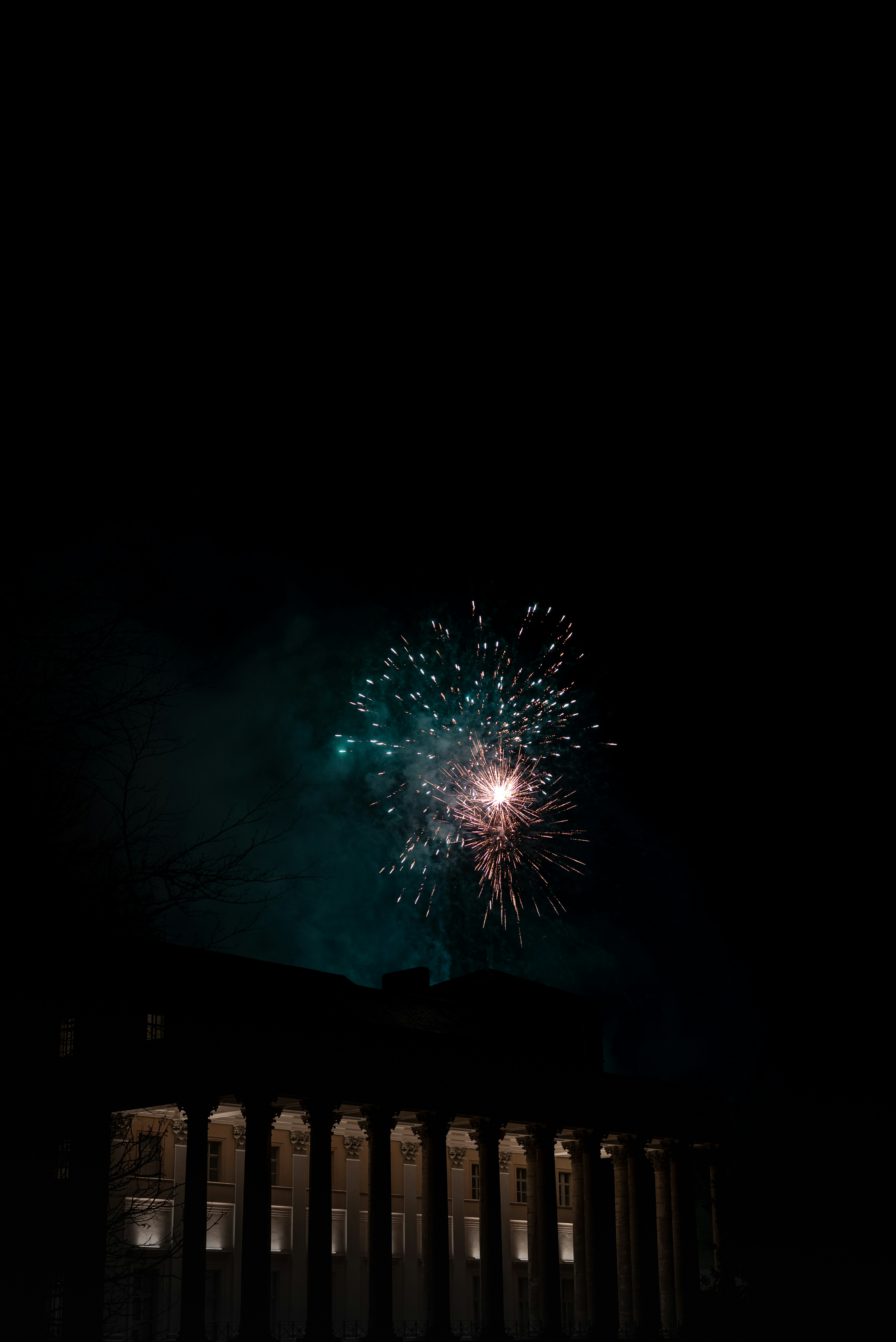 Firework Crown over a Classical Colonnade