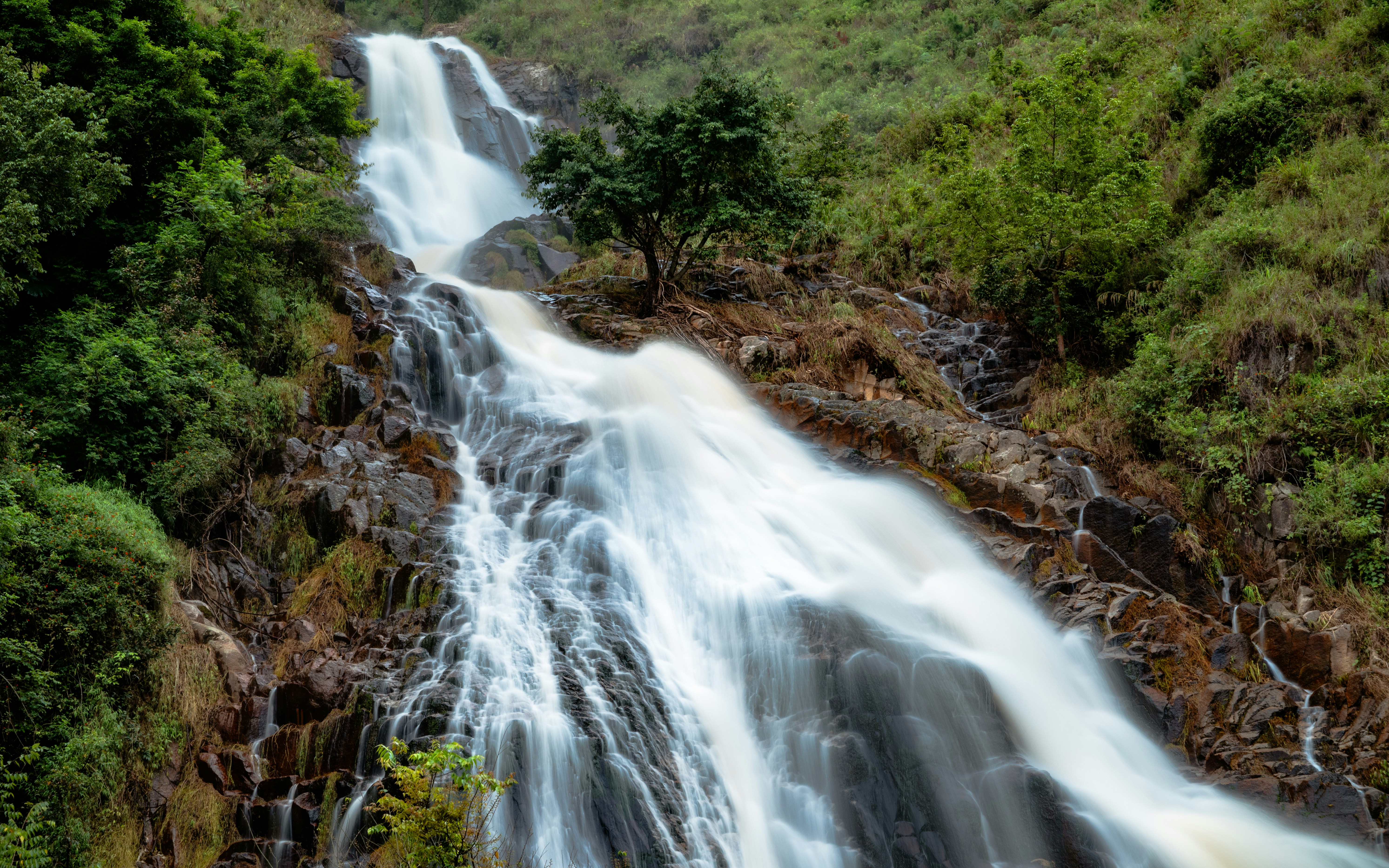 Waterfall flowing down a rocky slope surrounded by lush green foliage.