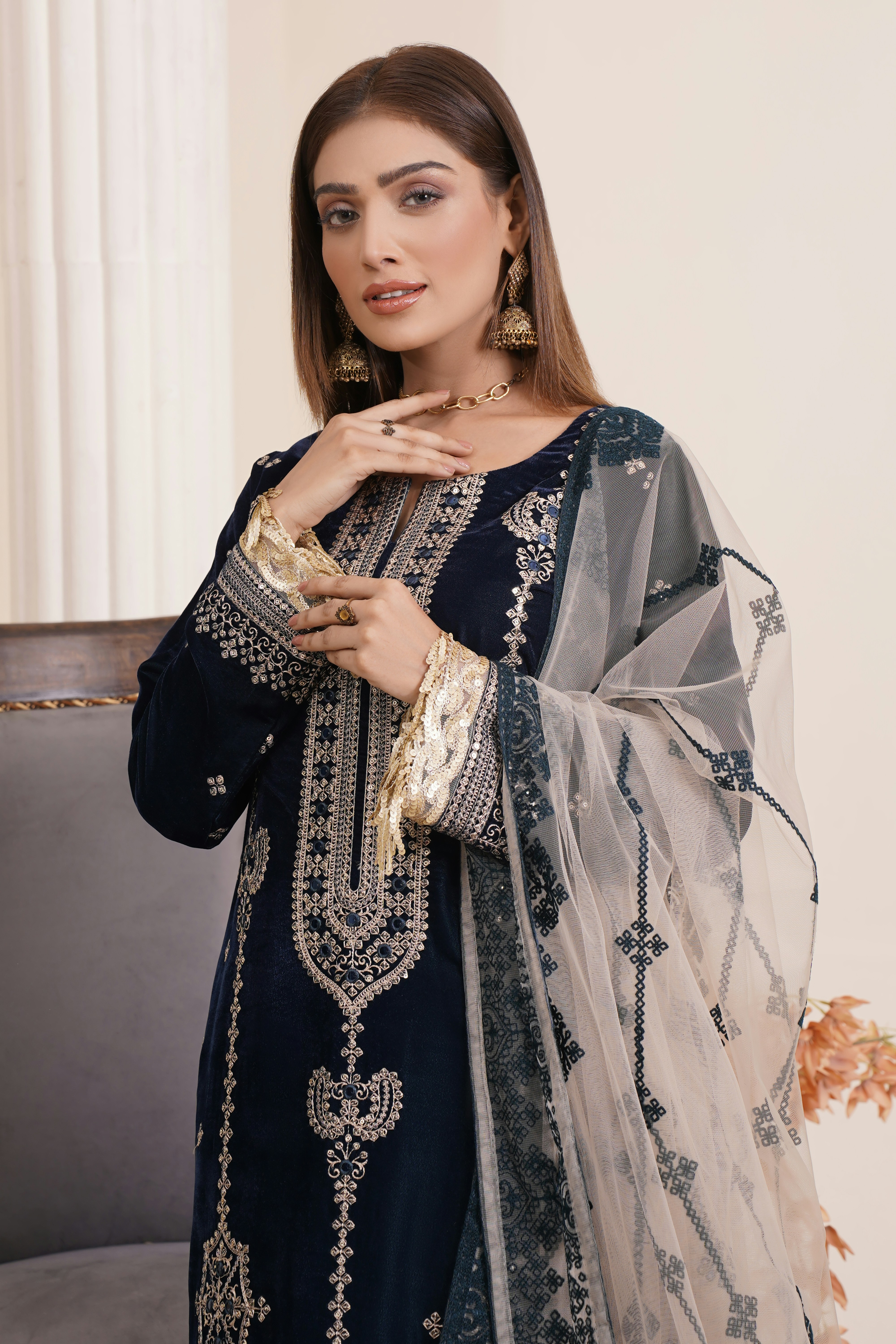 Navy Velvet and Silver Thread: Portrait of Quiet Grace