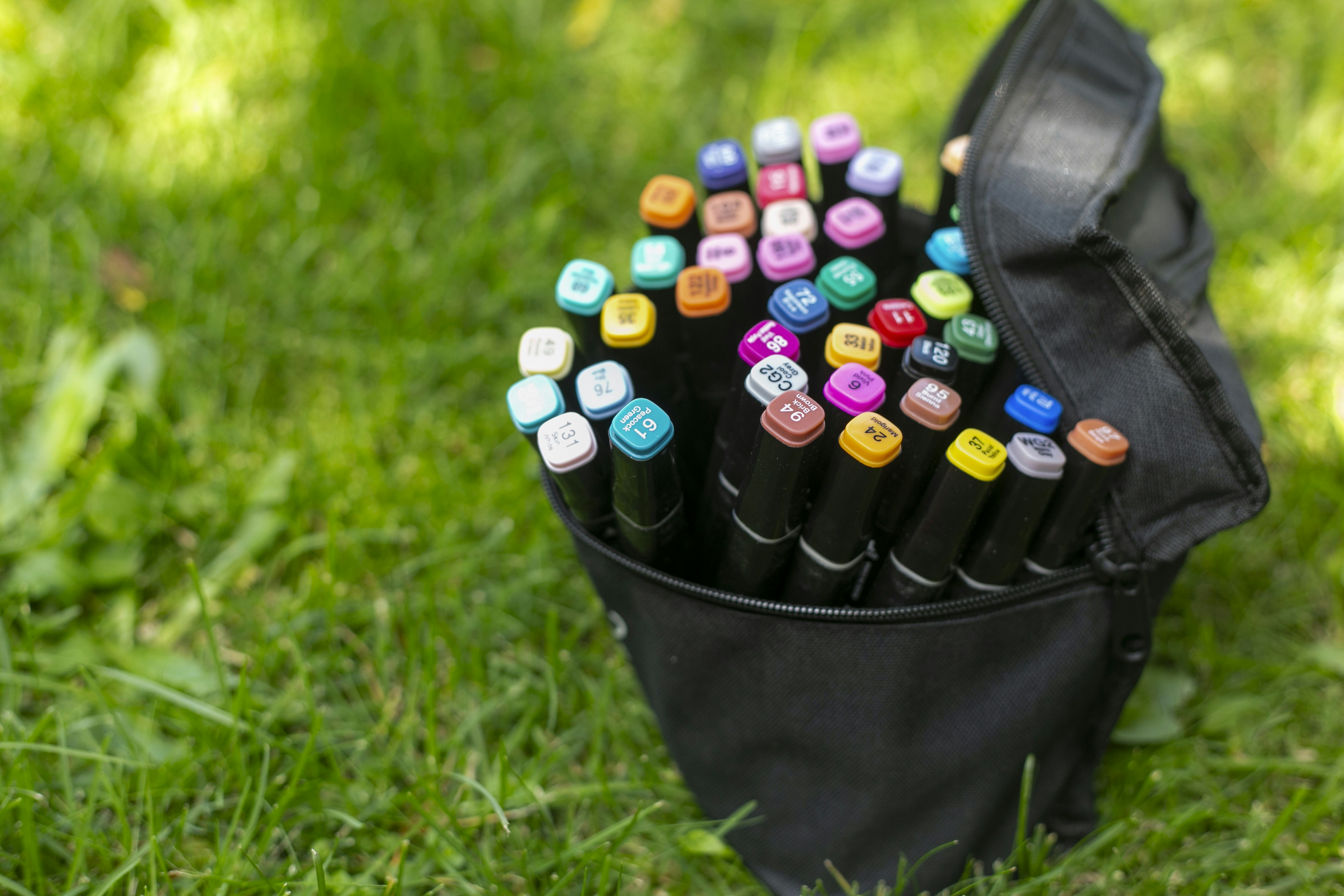 A bunch of pens sitting in a bag on the grass photo – Free Markers ...