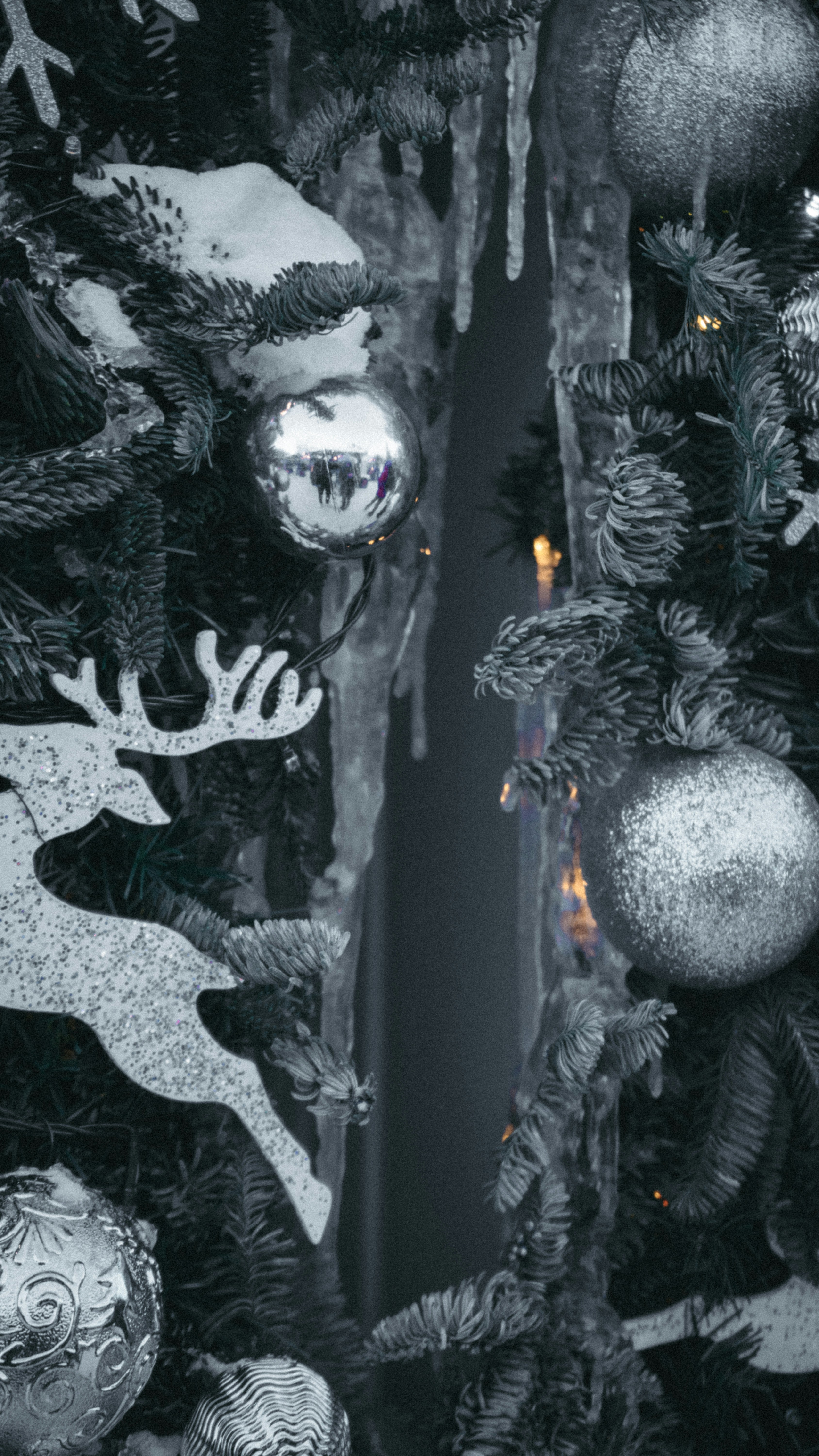 a black and white photo of a christmas tree