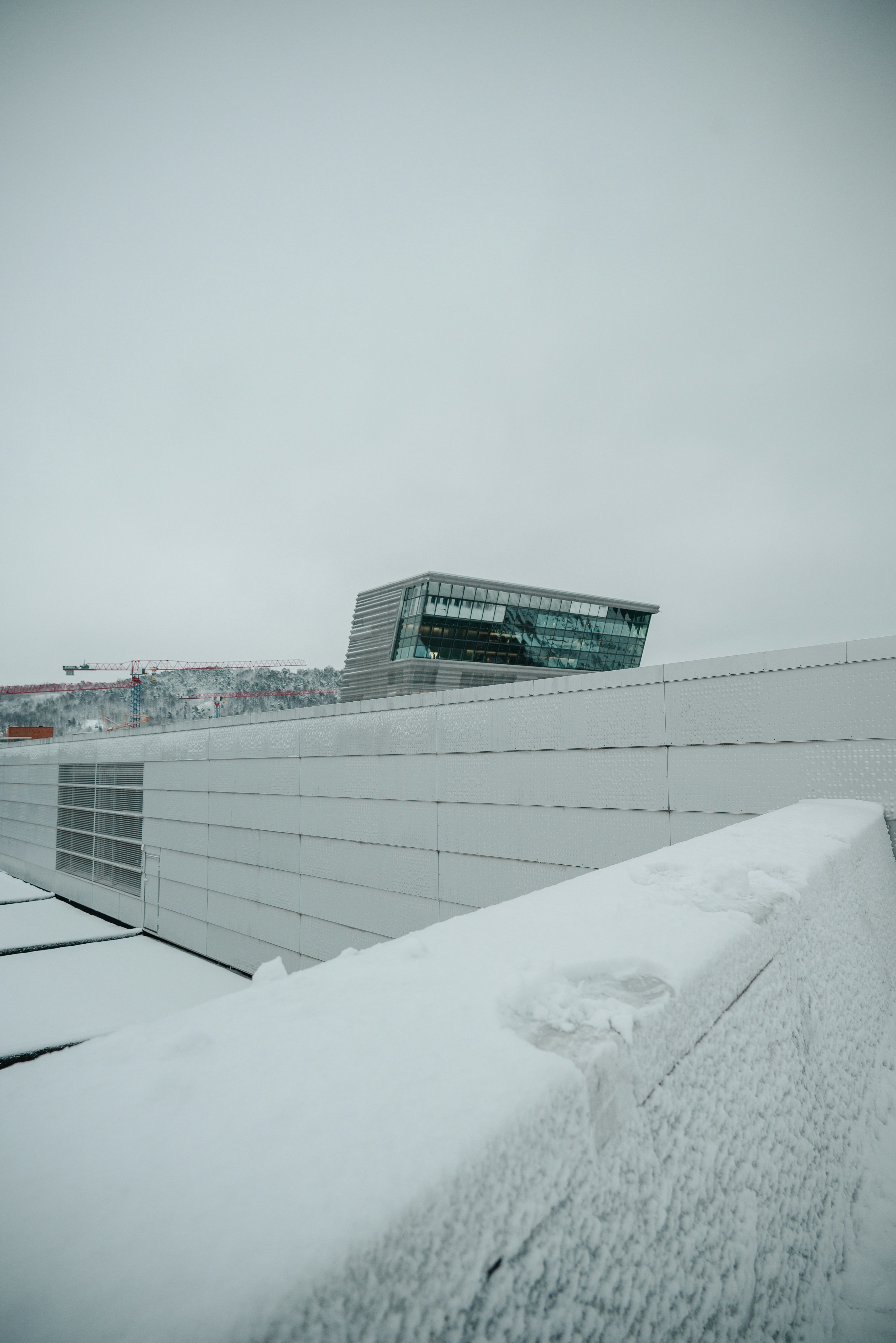 Slanted Glass Pavilion Peeking Over a Snowbound Rooftop