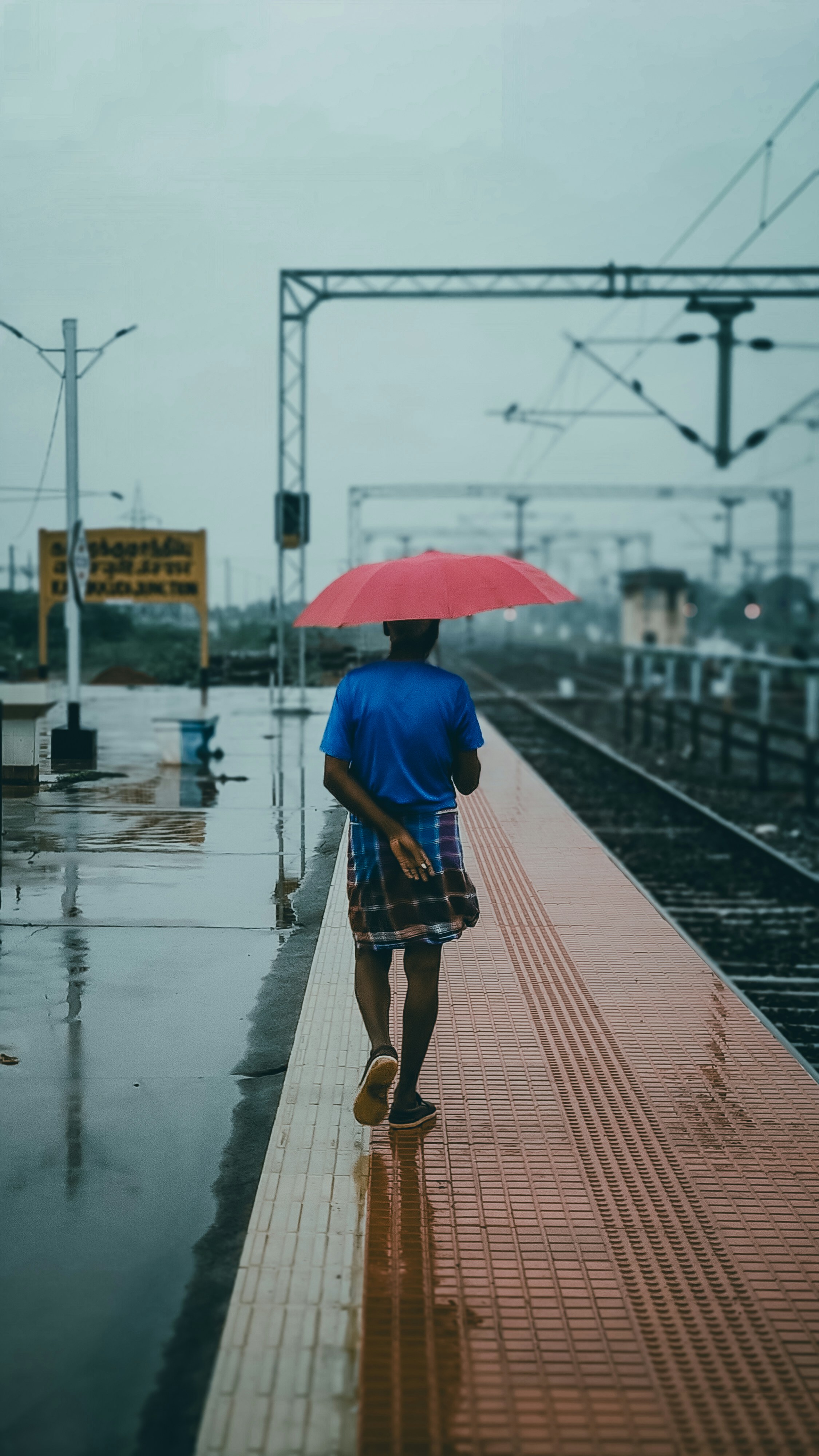 Crimson Umbrella on a Rain-Slick Platform: A Solitary Transit Moment