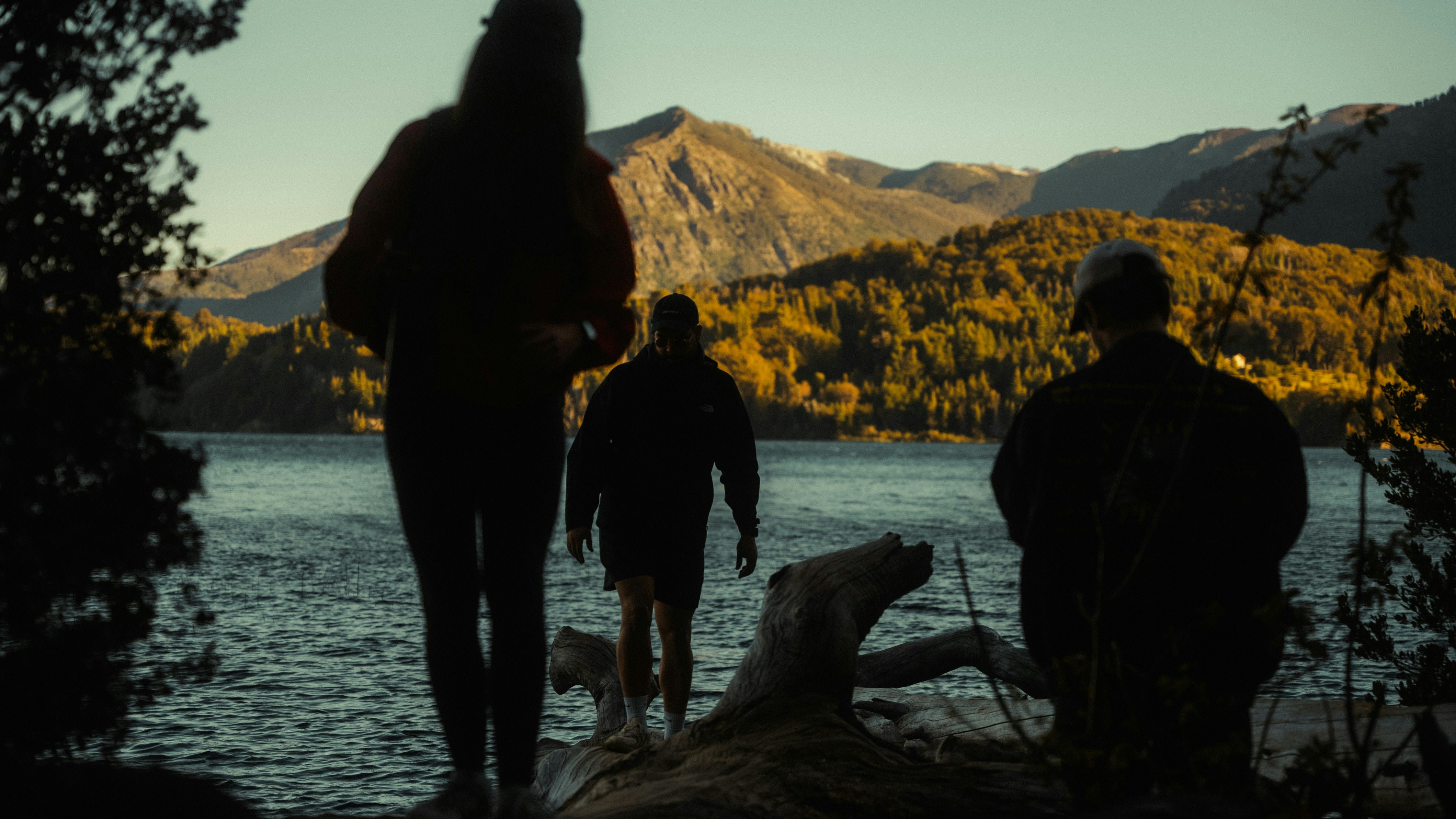 Dusk on the Driftwood: Three Silhouettes at a Quiet Alpine Lake