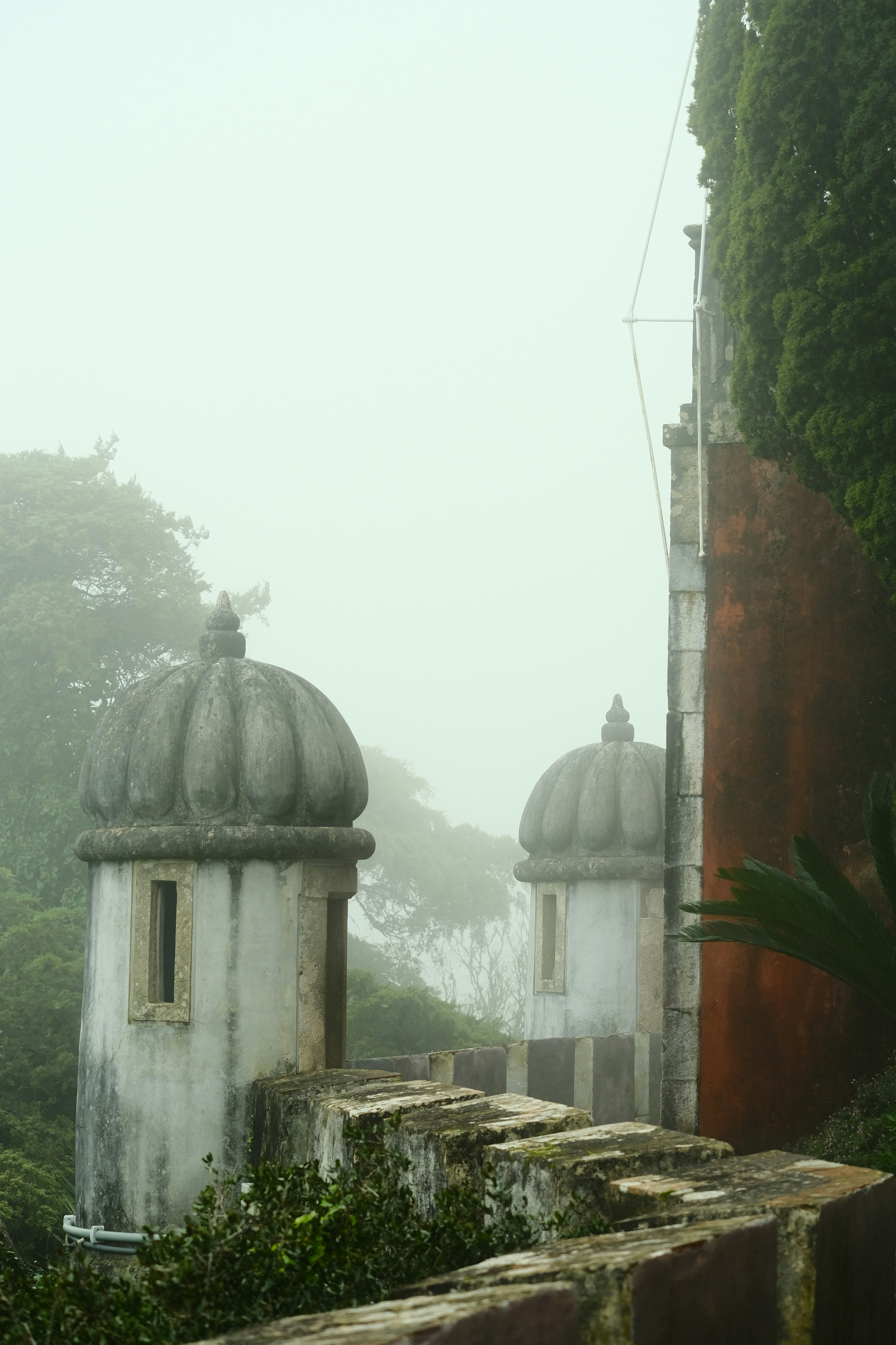 Fog-Wrapped Domes Over a Mossy Fortress Wall