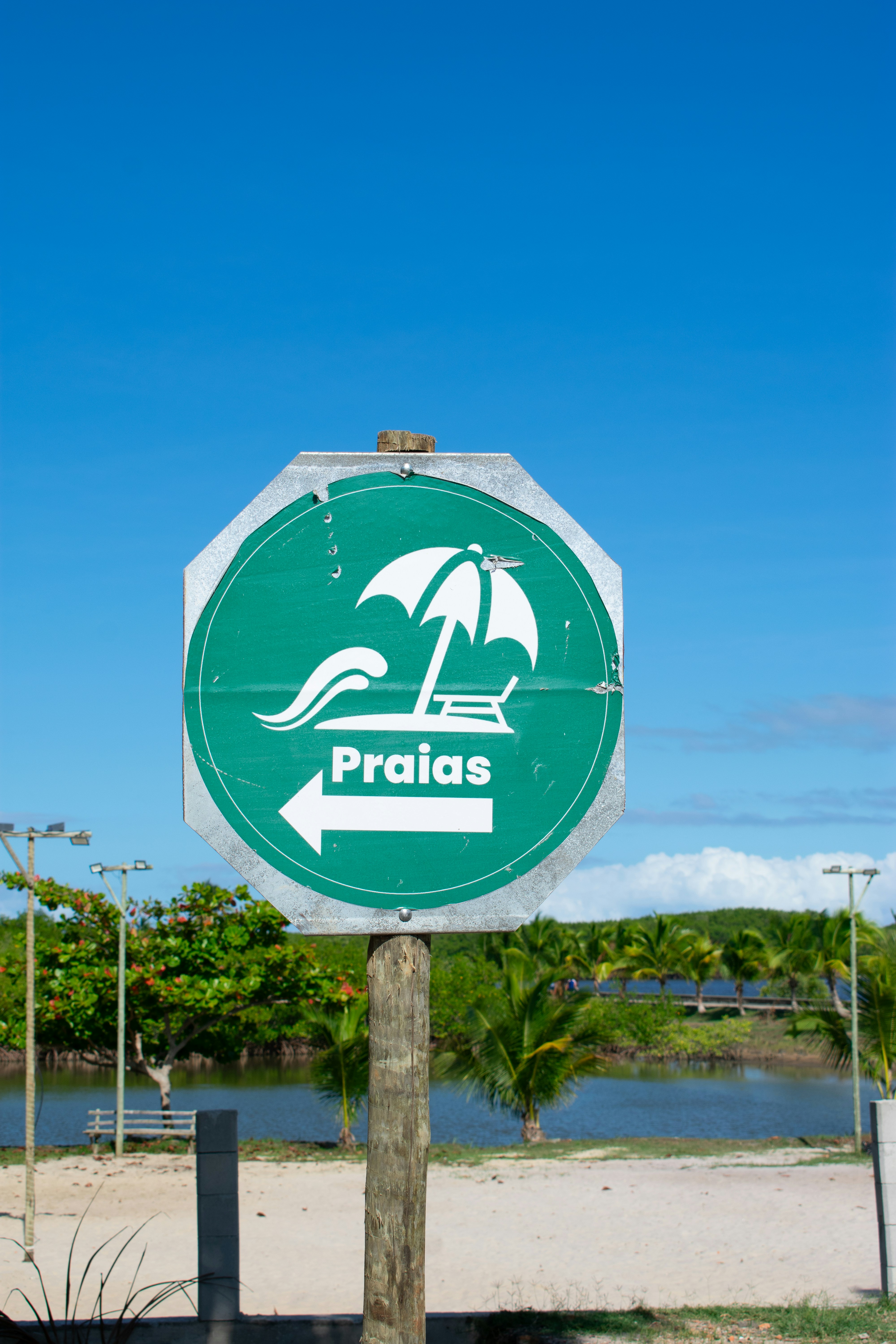 Praias Signpost by the Shore: Palm, Sand, and a Left Arrow Under a Clear Blue Sky